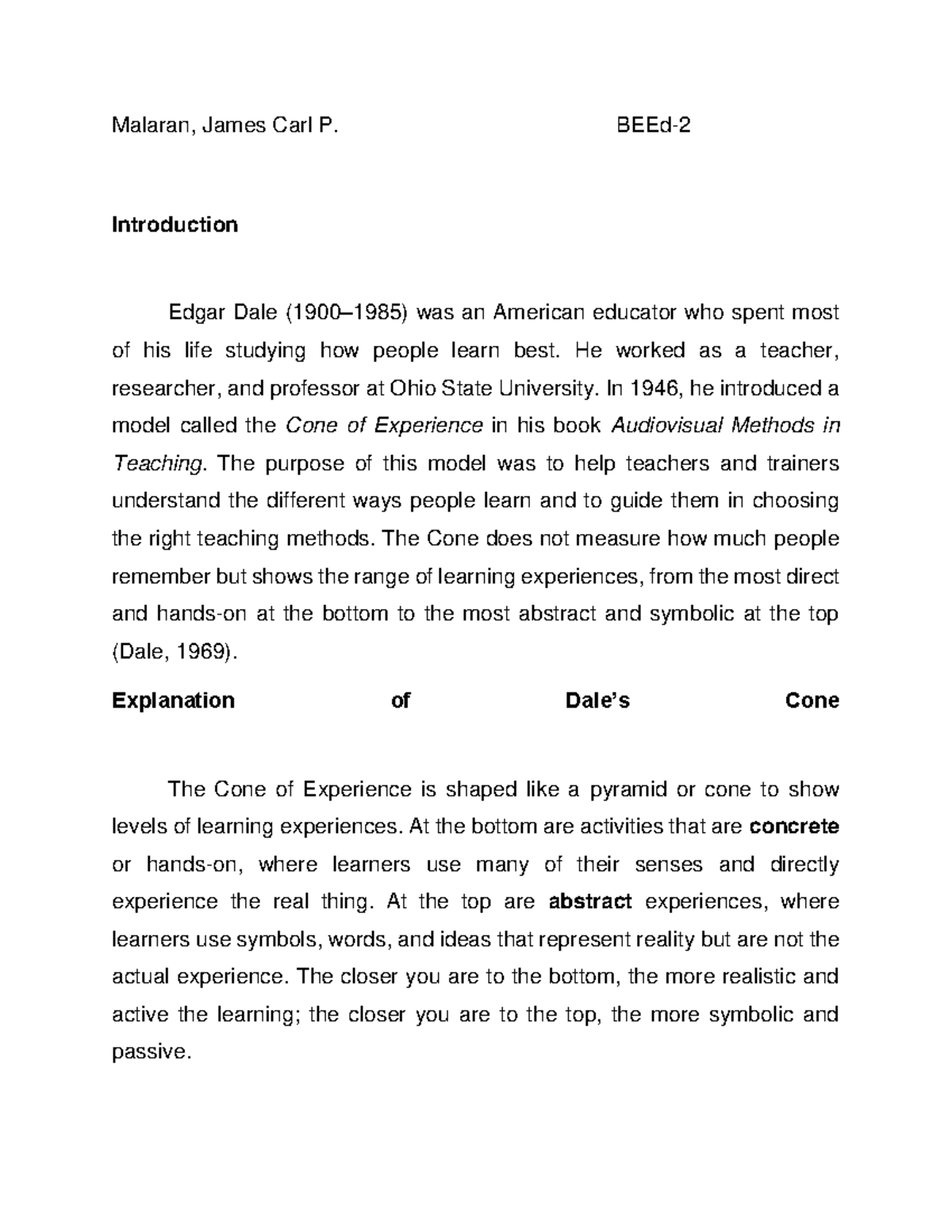 Malaran, James Carl P. - Understanding Edgar Dale's Cone of Experience ...