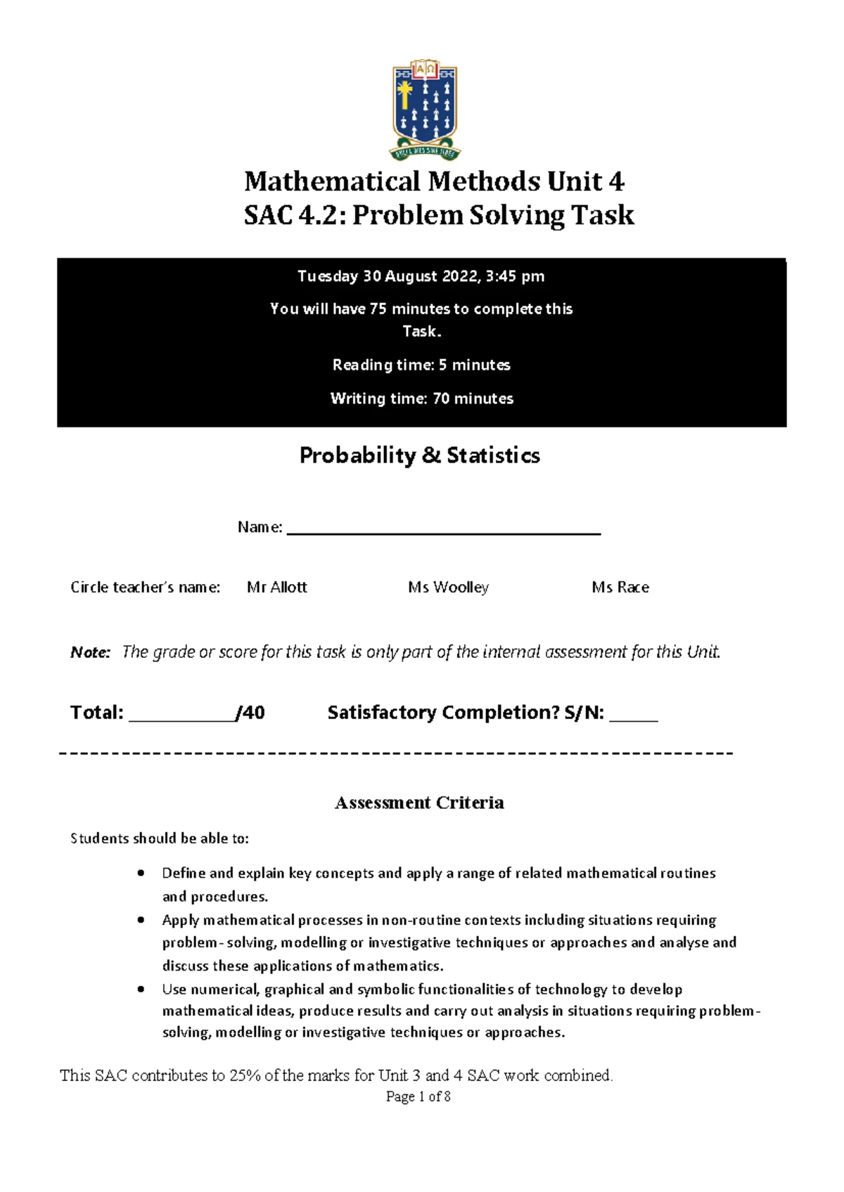 2022 MATH SAC 3 Probability & Statistics Problem Solving Task - Studocu