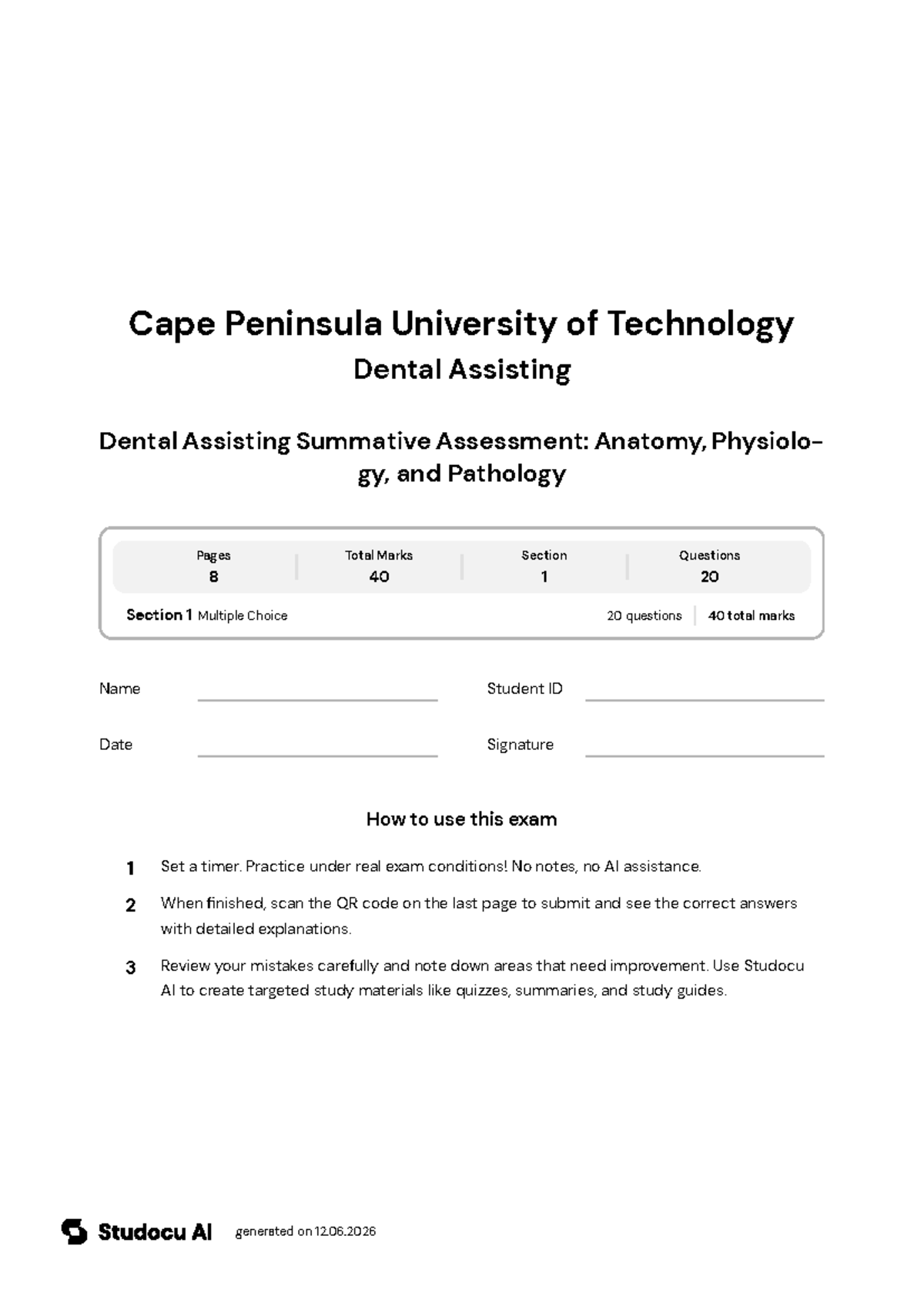 Dental Assisting Summative Assessment: Anatomy & Physiology - Studocu