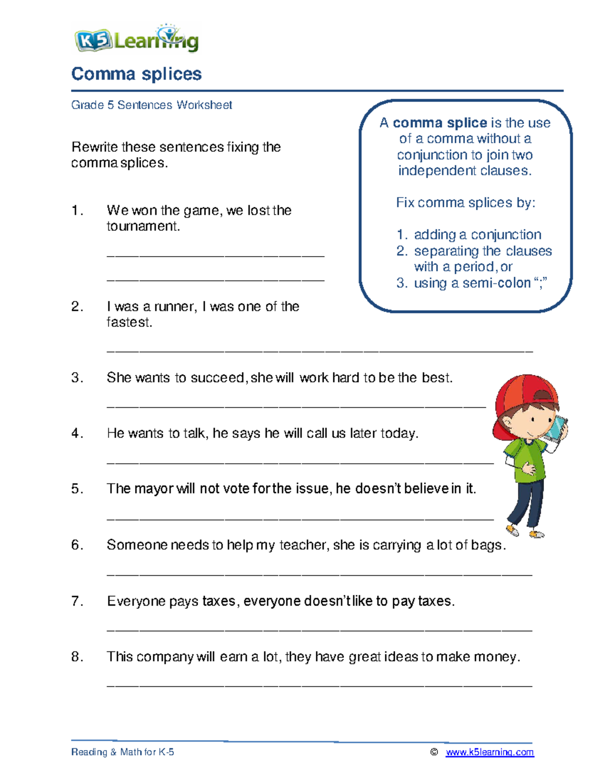 Grade 5 Comma Splice Worksheet - Fixing Sentences - Studocu