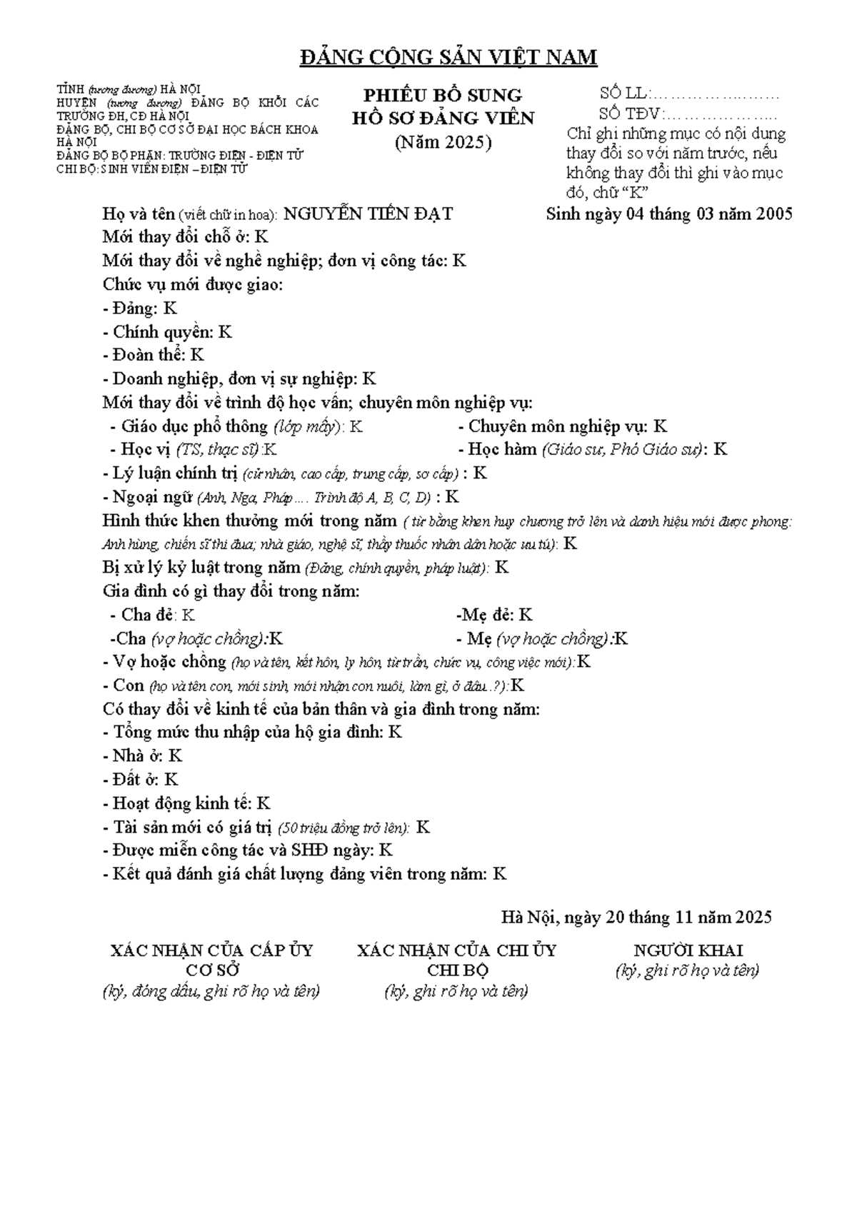 Phiếu Bổ Sung Hồ Sơ Đảng Viên 2025 - ĐH Bách Khoa Hà Nội - Studocu