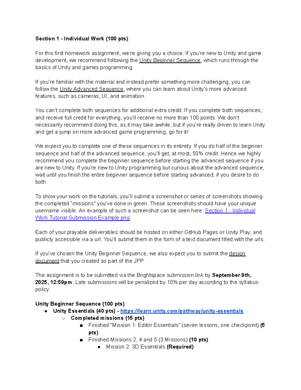 Unity Individual Work Assignment (100 pts) - Beginner & Advanced ...