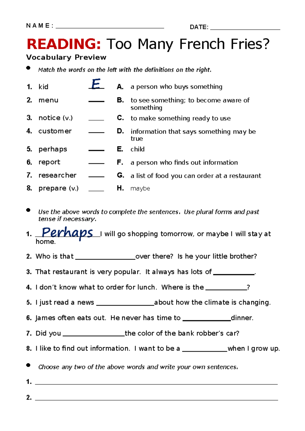 Reading: Too Many French Fries? Vocabulary & Grammar Practice - Studocu