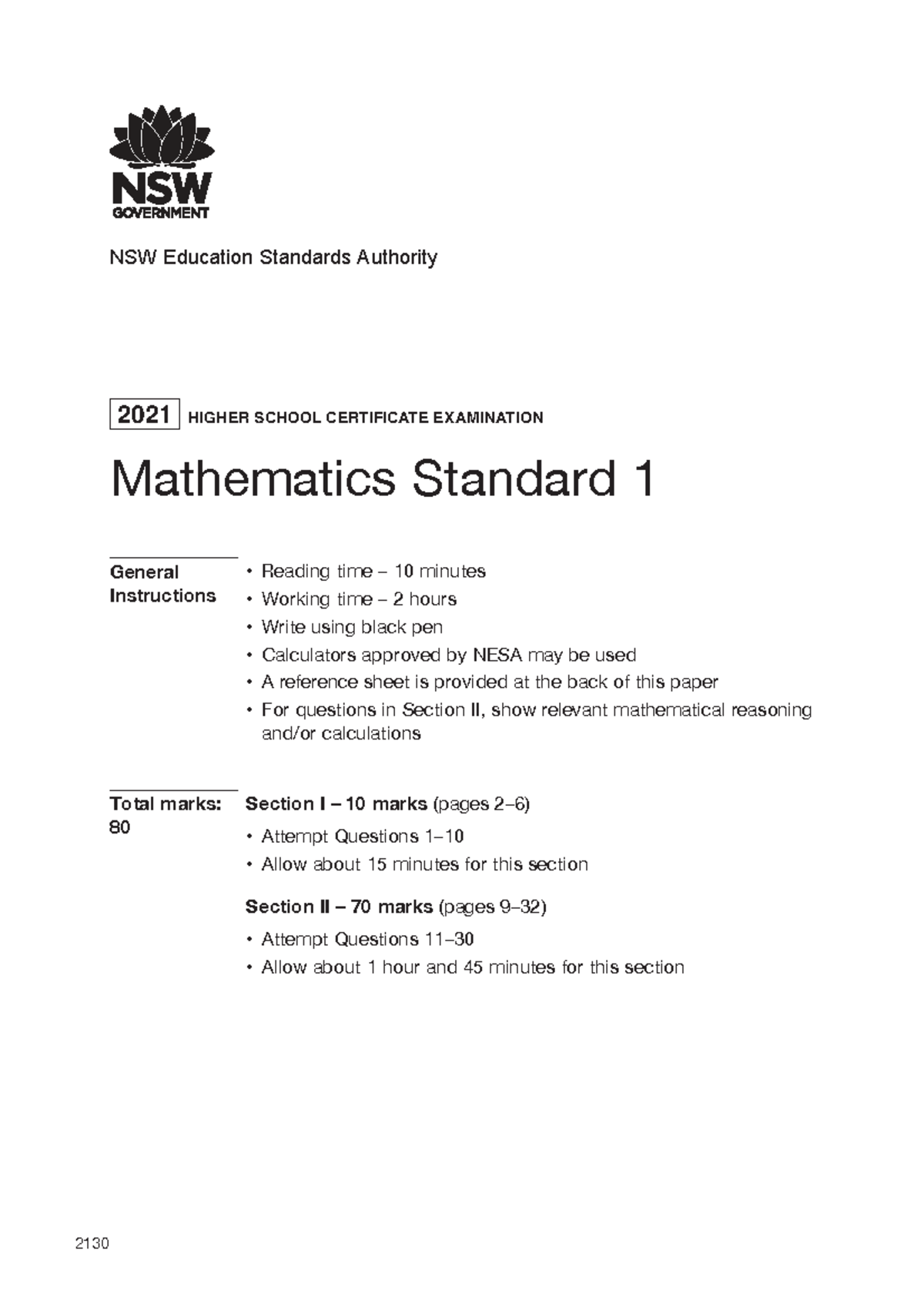 2021 HSC Mathematics Standard 1 Past Exam Paper - Studocu