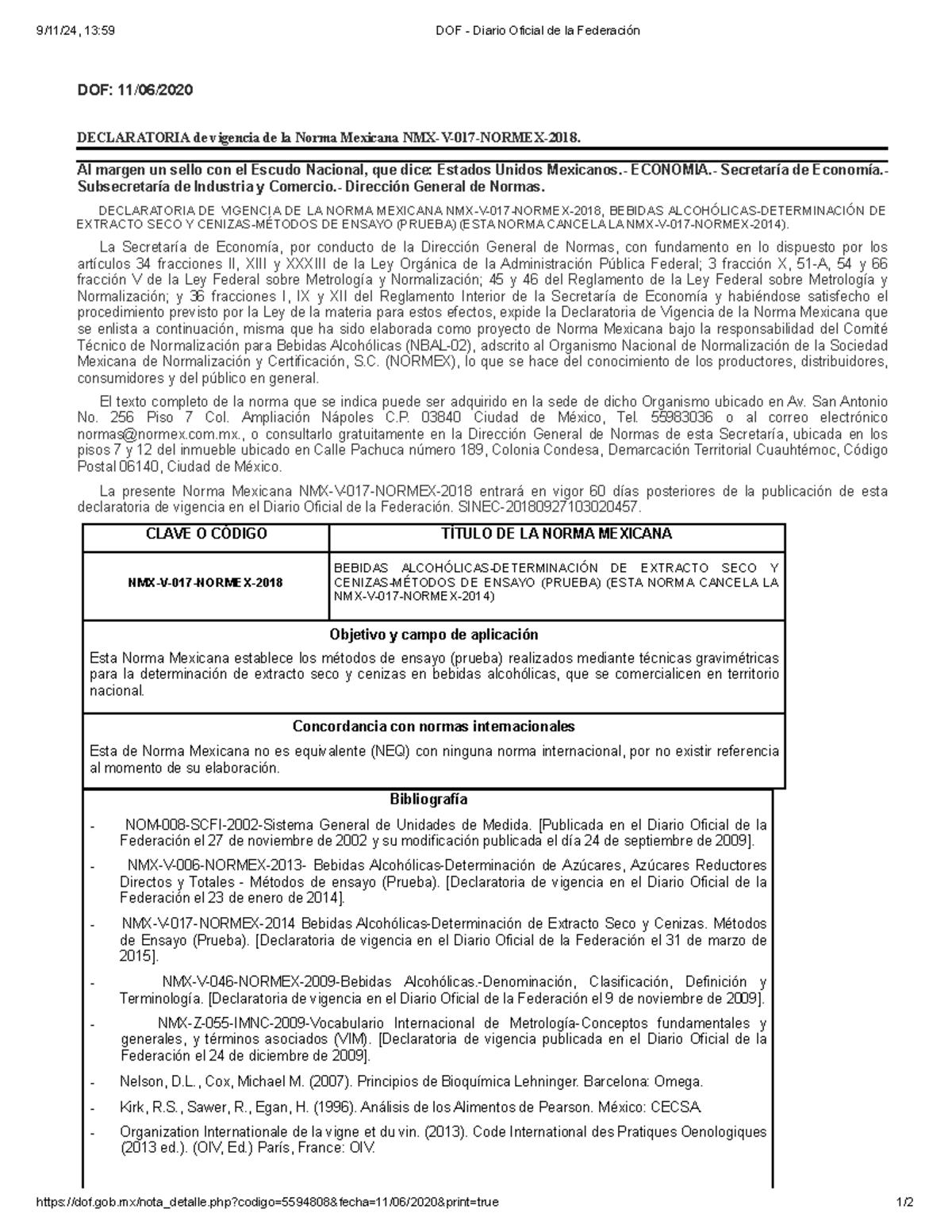 NMX-V-017-NORMEX-2018: Métodos para Extracto Seco y Cenizas en Bebidas ...