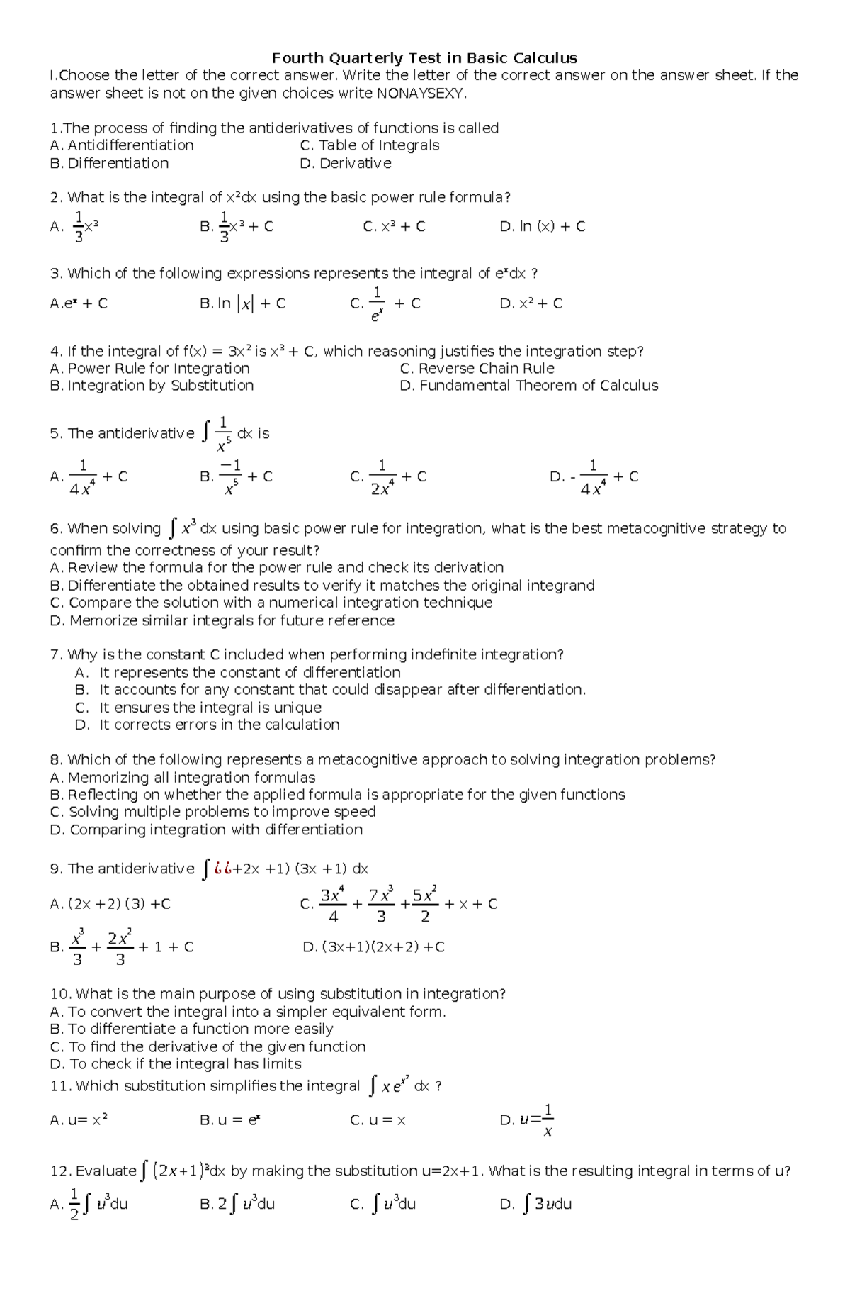 Lesson Exemplar - Fourth Quarterly Test in Basic Calculus I the letter ...