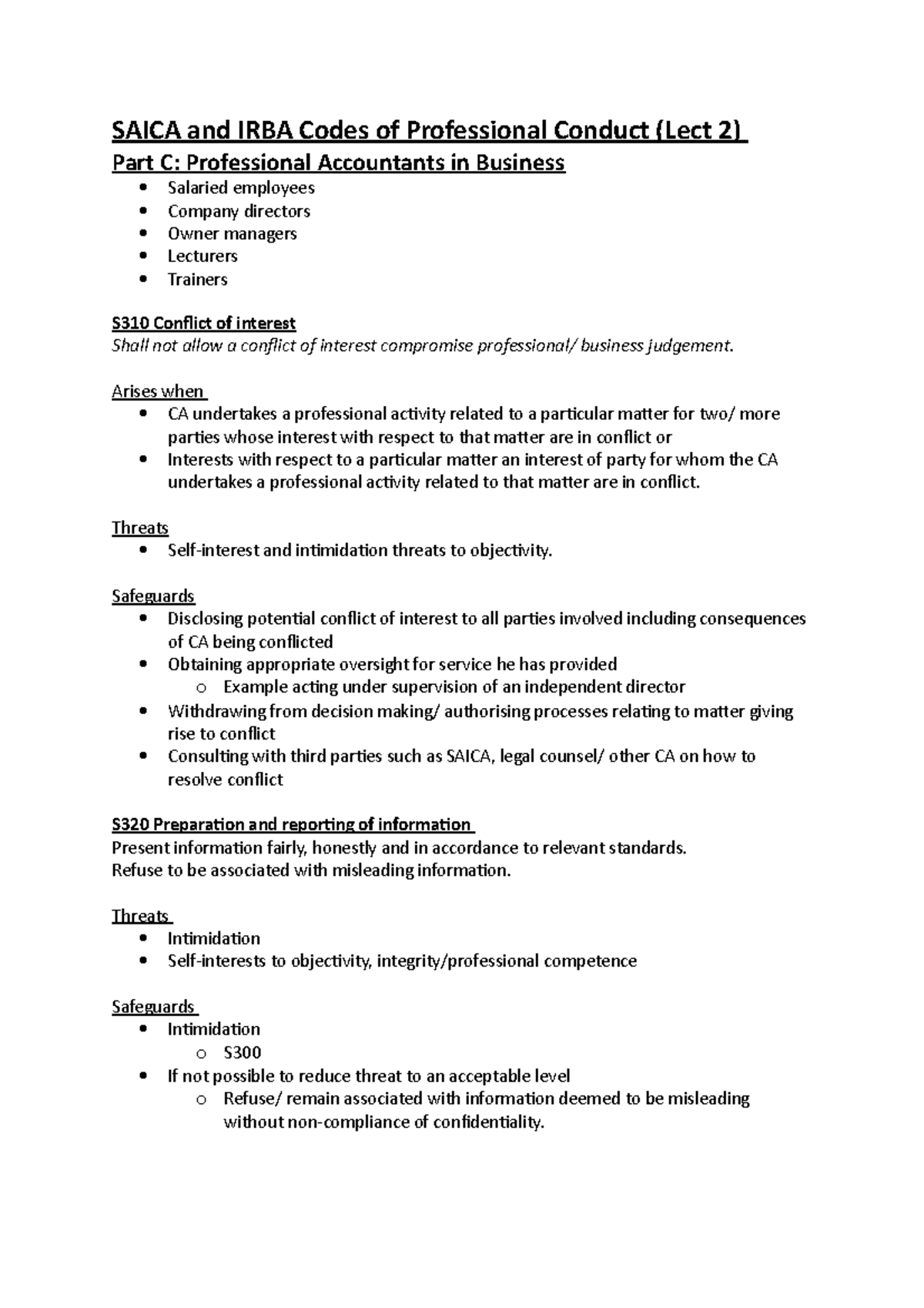 Saica Code of Professional conduct L2 - SAICA and IRBA Codes of Professional Conduct (Lect 2 ...