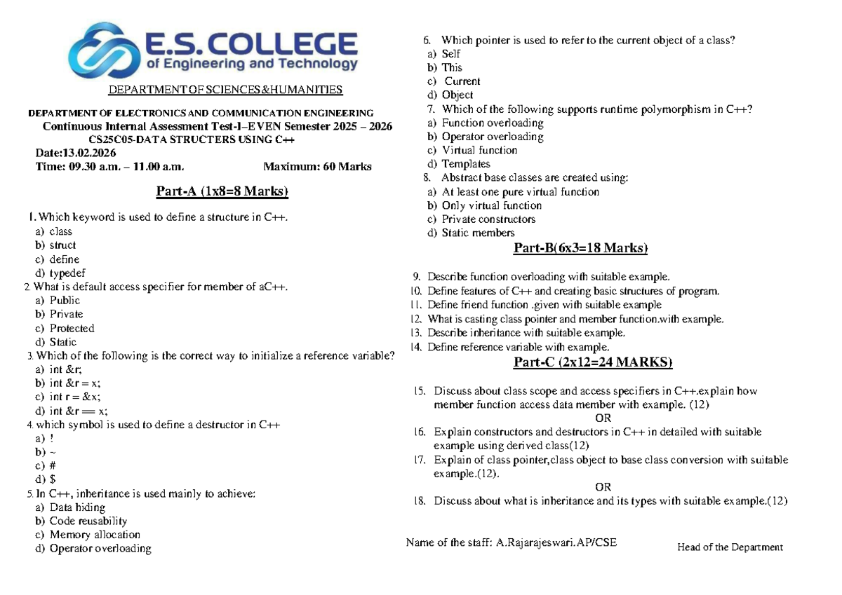 CSE IA-1: Continuous Assessment on Structures & Inheritance in C++ ...