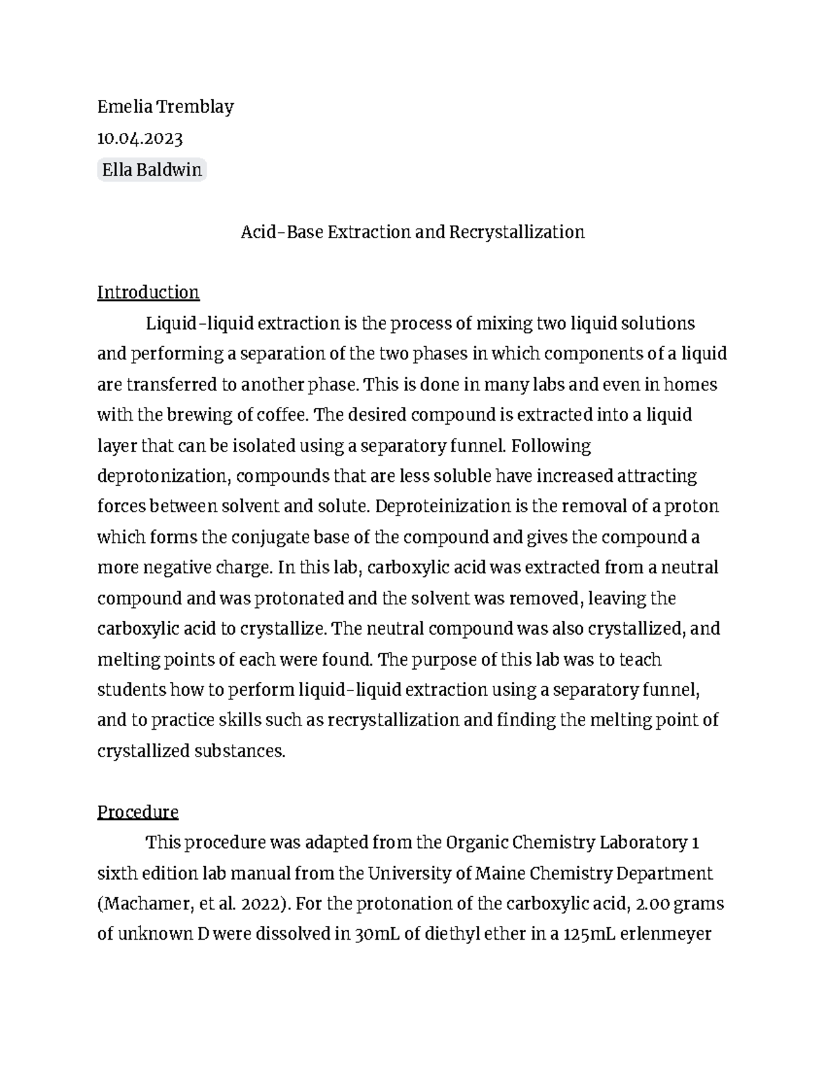 Acid-Base Extraction & Recrystallization Essay - Chem 101 General Lab ...