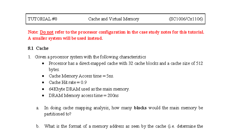 Tutorial 8 - Cache and Virtual Memory Concepts - Studocu