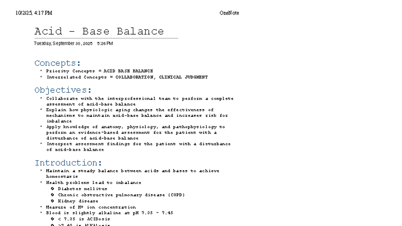 Acid - Base Balance - Lecture notes - Acid - Base Balance Tuesday ...