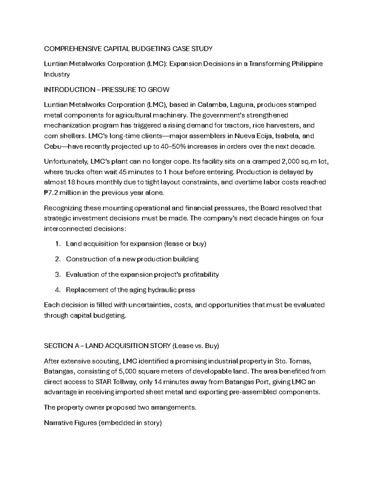 COMPREHENSIVE CAPITAL BUDGETING CASE STUDY: LMC Expansion Decisions - Studocu