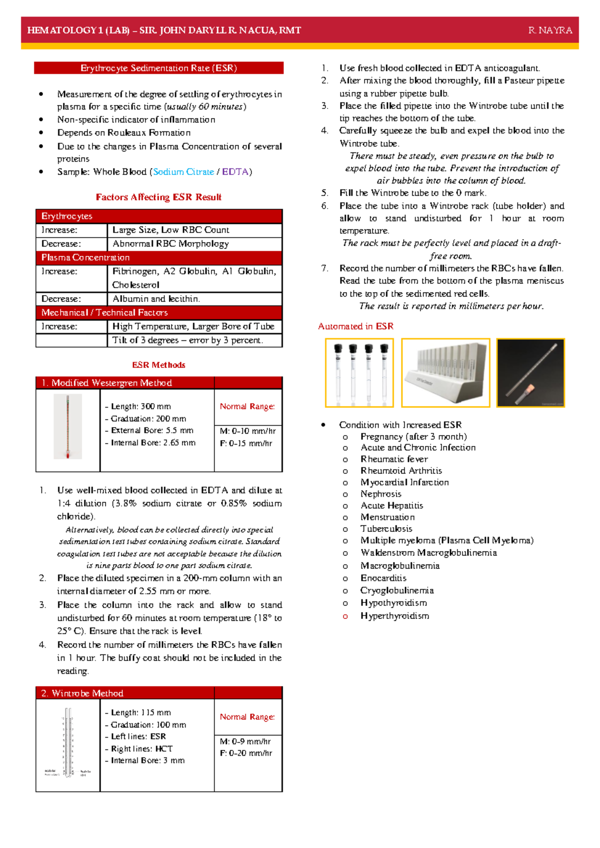 Erythrocyte Sedimentation Rate - HEMATOLOGY 1 (LAB) – SIR. JOHN DARYLL ...