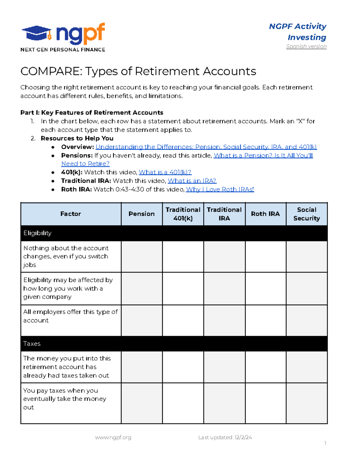NGPF Activity: Compare Types of Retirement Accounts Worksheet - Studocu