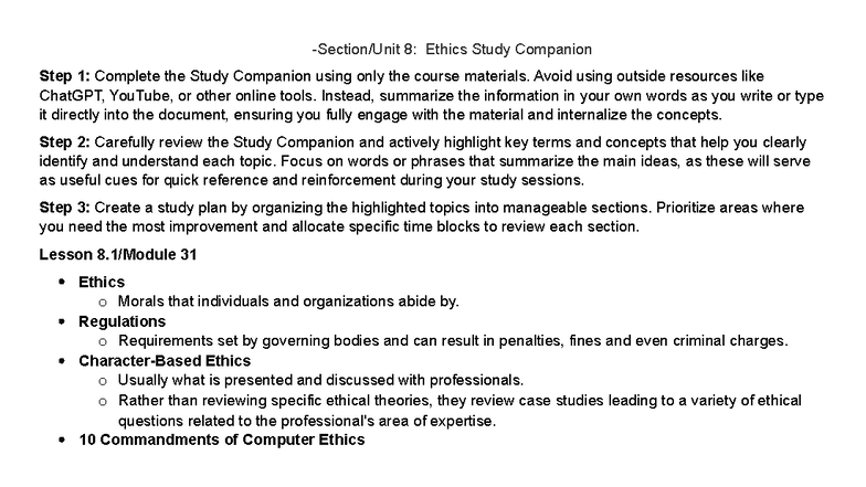8: Ethics Study Companion (Unit 8) - Updated March 2025 - Studocu