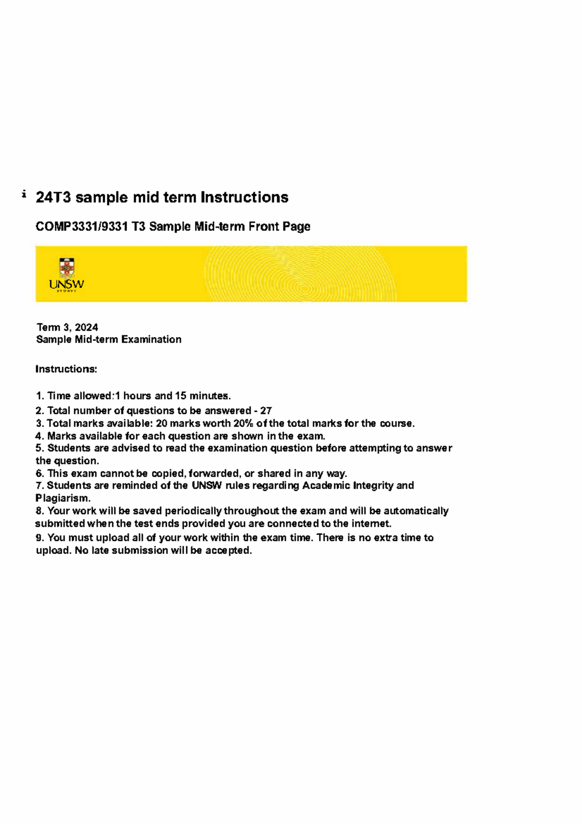 COMP3331/9331 T3 Midterm Practice Exam & Sample Solutions Guide - Studocu