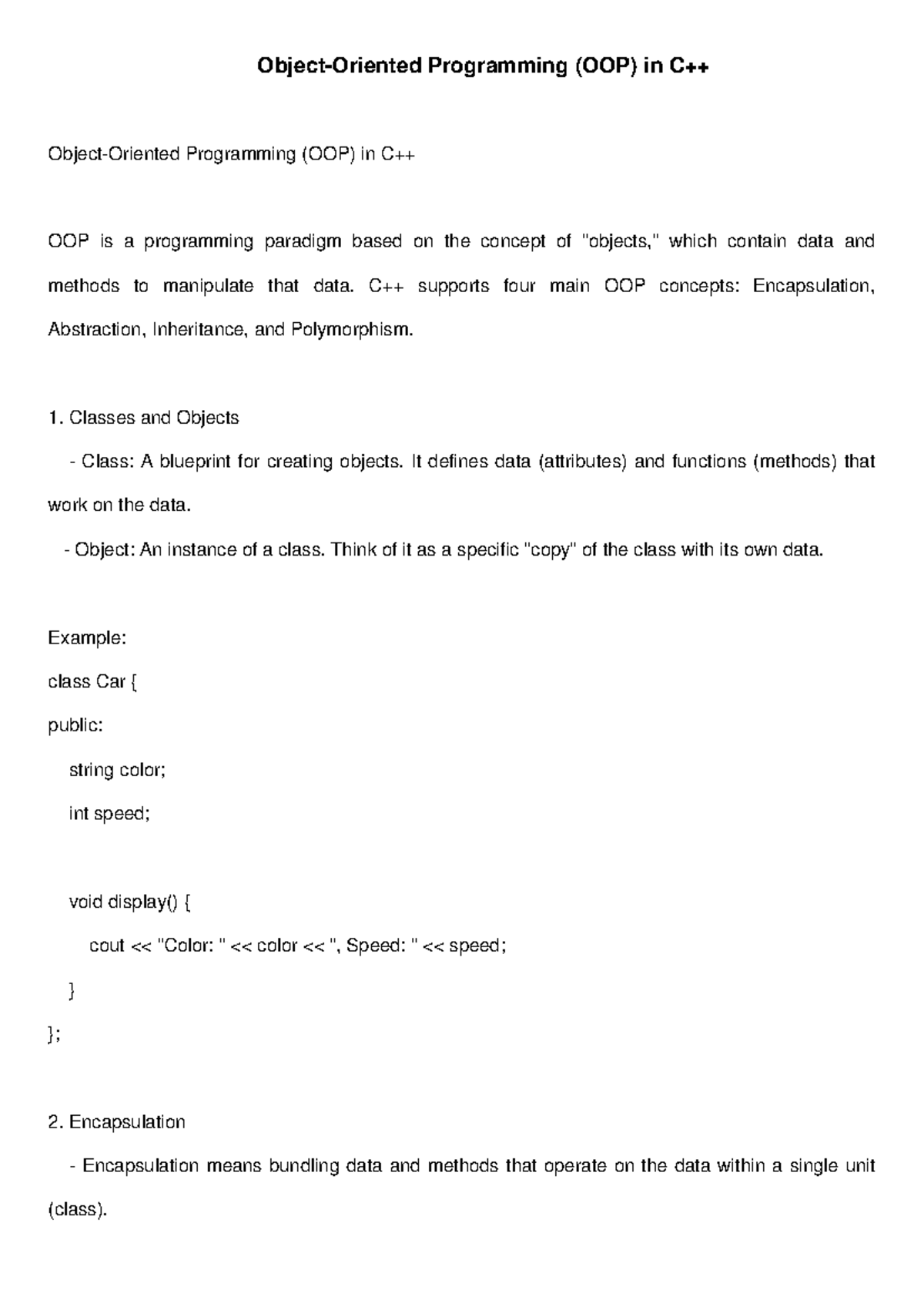 OOP in CPP Notes - Object-Oriented Programming (OOP) in C++ Object ...