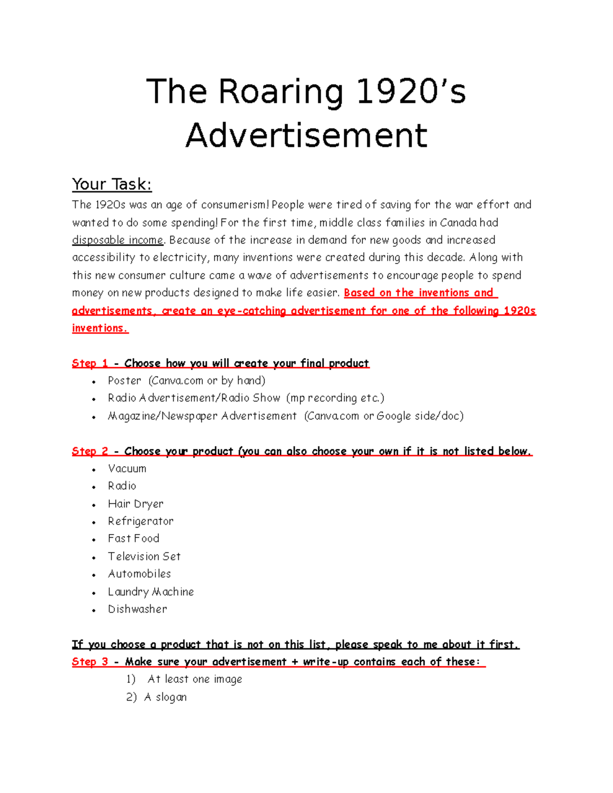 1920's Advertisment Assignment - The Roaring 1920’s Advertisement Your ...