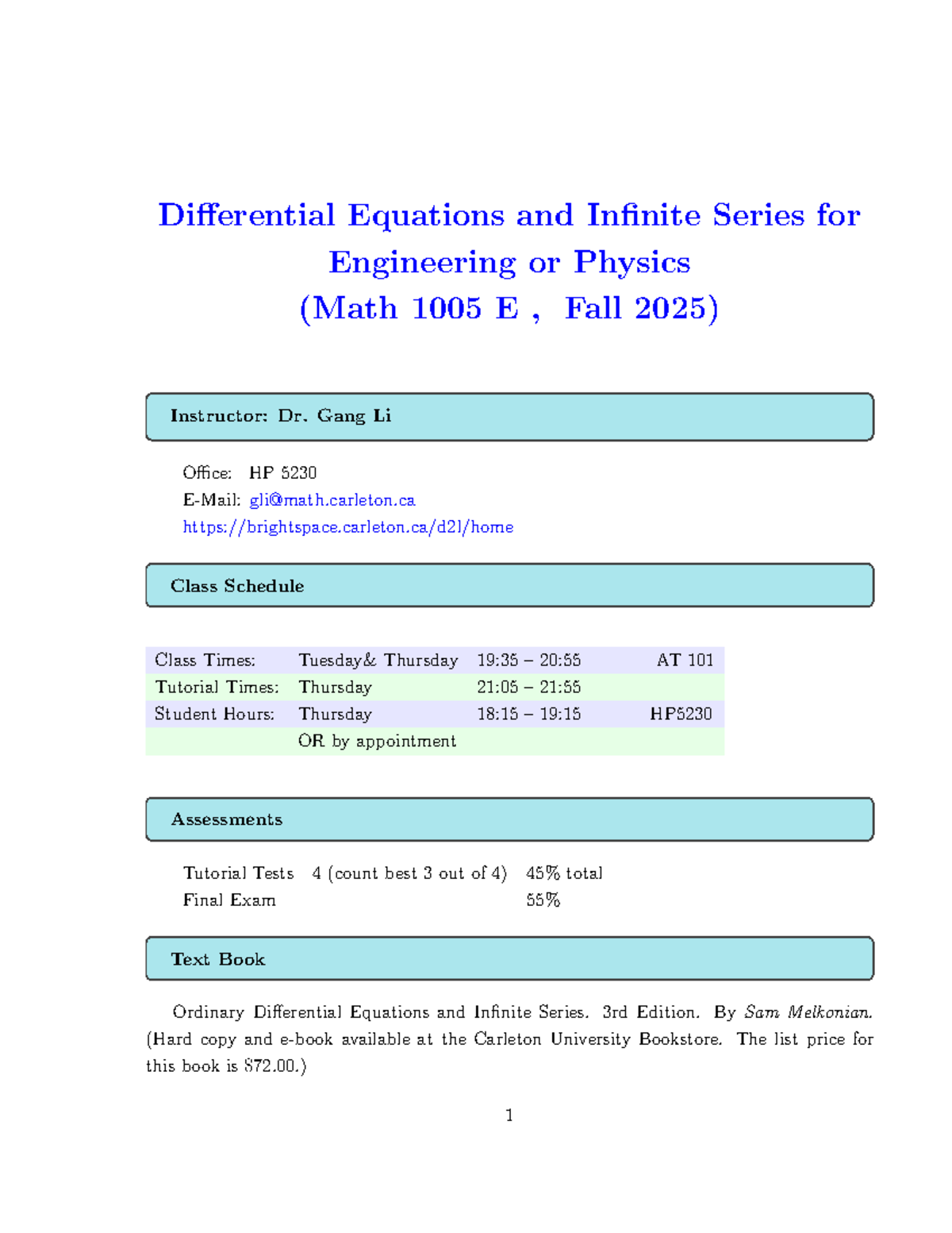 Math 1005 E Fall 2025 Course Outline: Differential Equations & Series ...