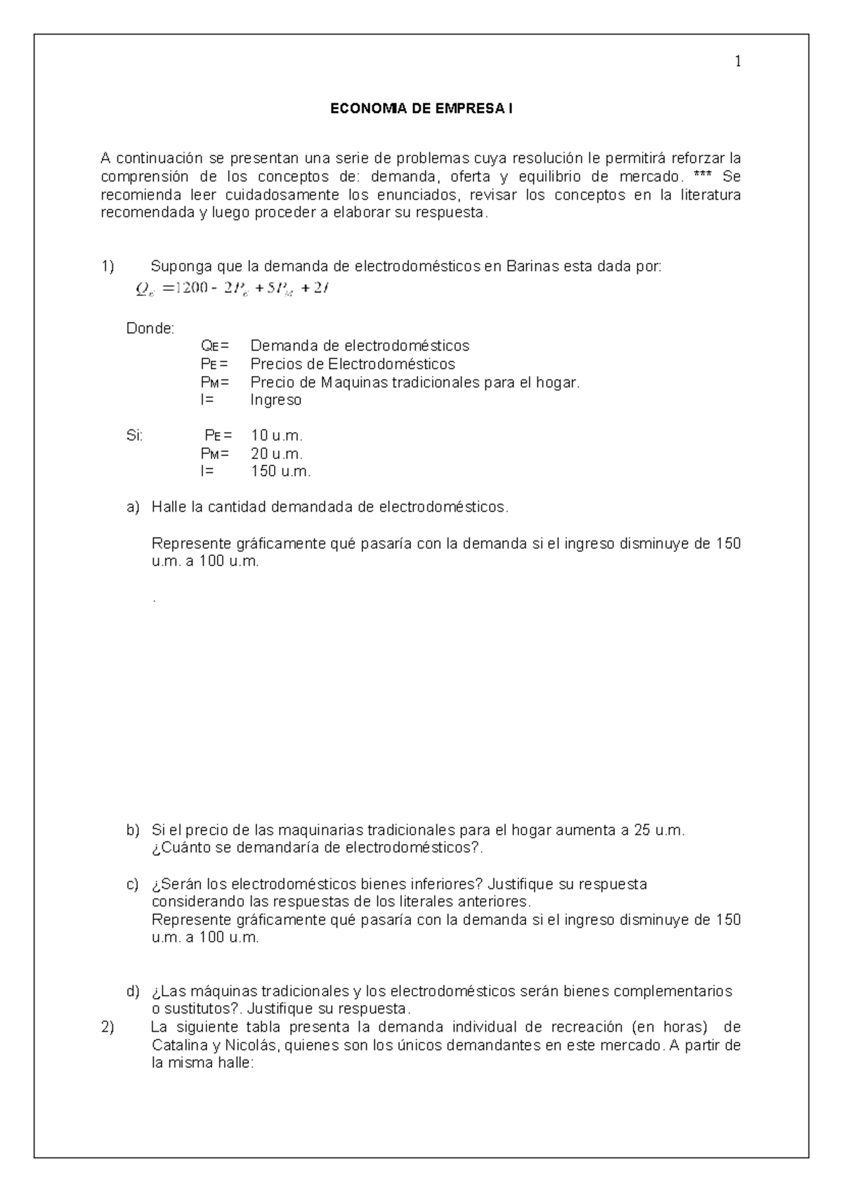 Práctica 2: Equilibrio de Oferta y Demanda en Economía de Empresa I ...
