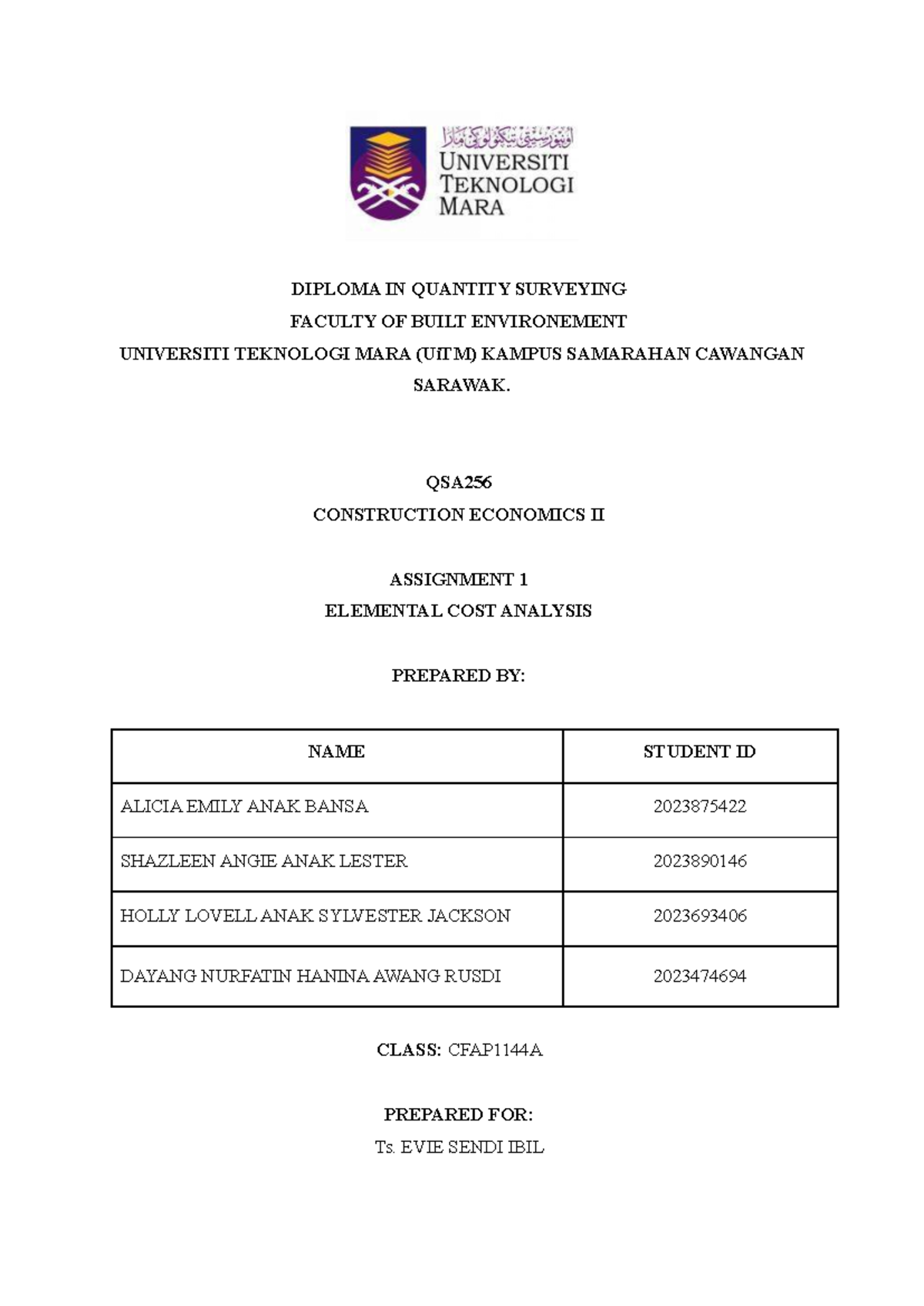 QSA256 Assignment 1: Elemental Cost Analysis for CFAP1144A - Studocu