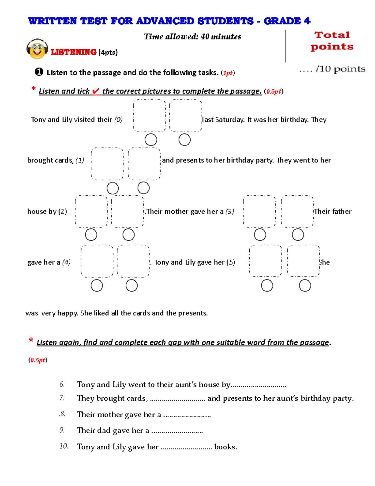 Advanced Listening & Reading Test HKI - Grade 4 - Studocu