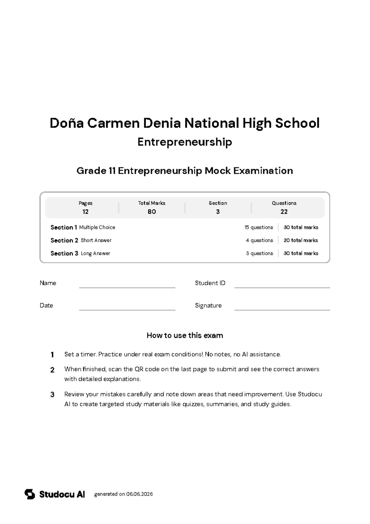 Grade 11 Entrepreneurship Mock Exam - Studocu
