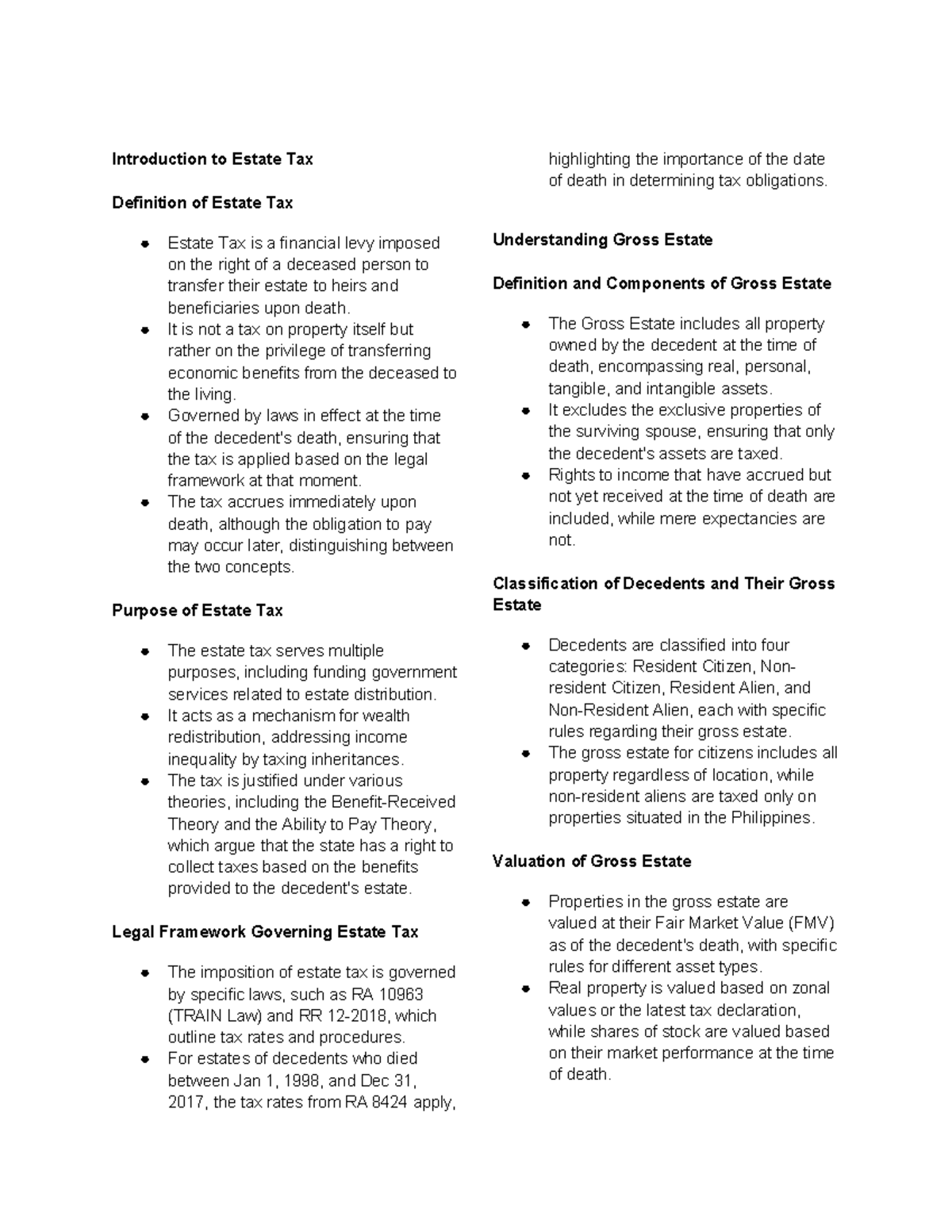 Gross Estate Overview: Key Concepts and Regulations on Estate Tax - Studocu
