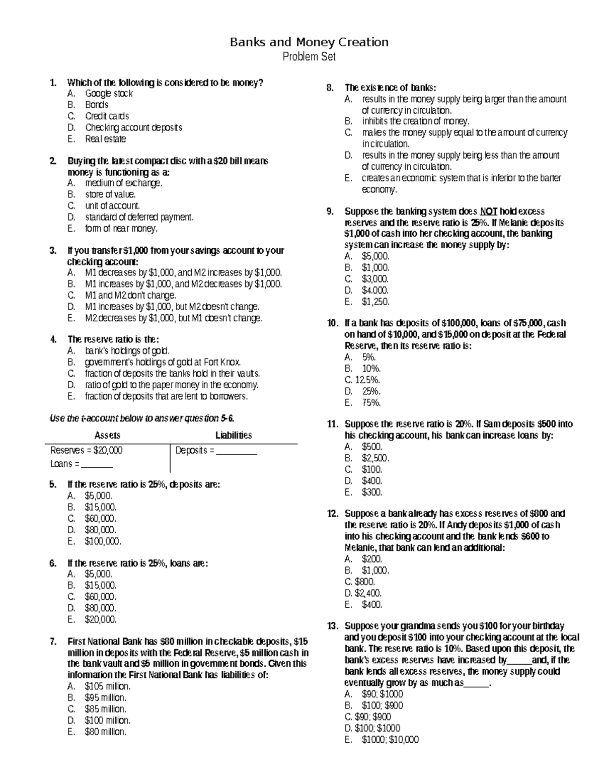 Review worksheet Banks and Money Creation - Banks and Money Creation ...