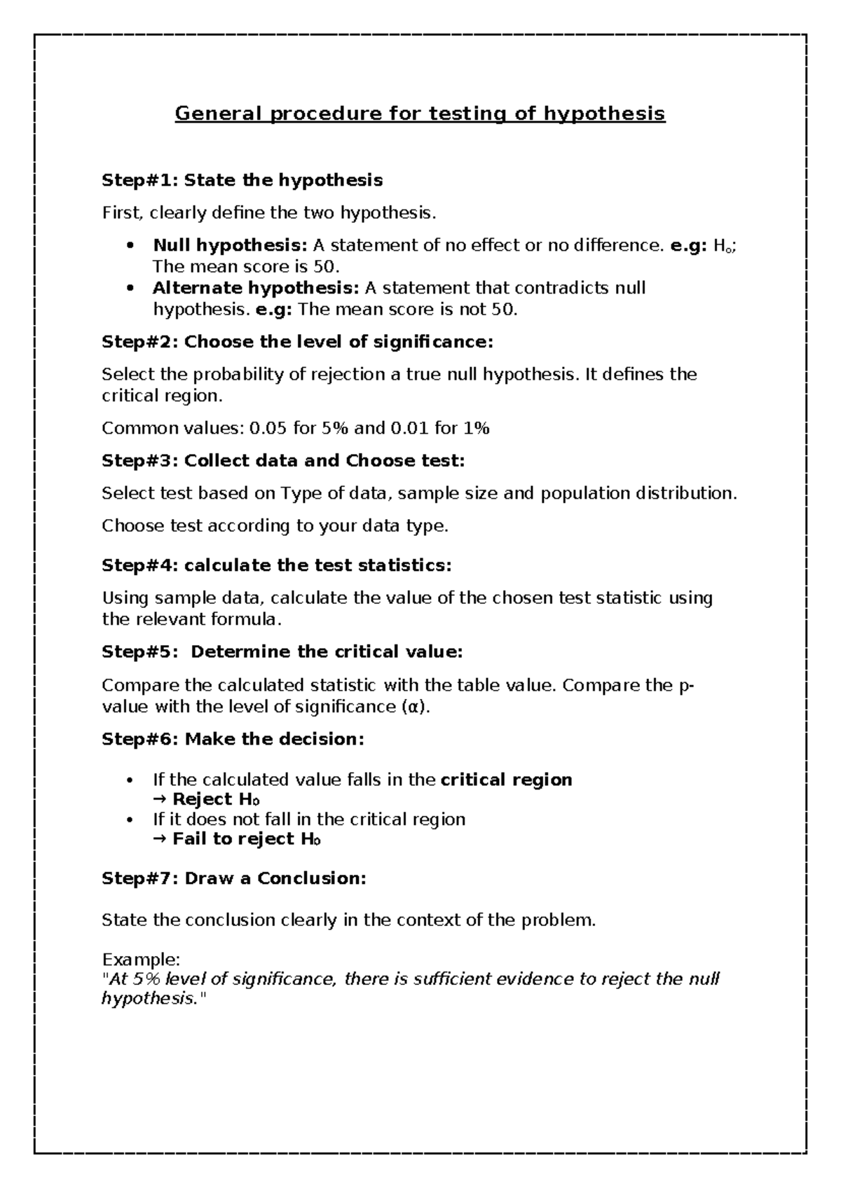 Hypothesis Testing Procedure: Steps and Examples - Studocu
