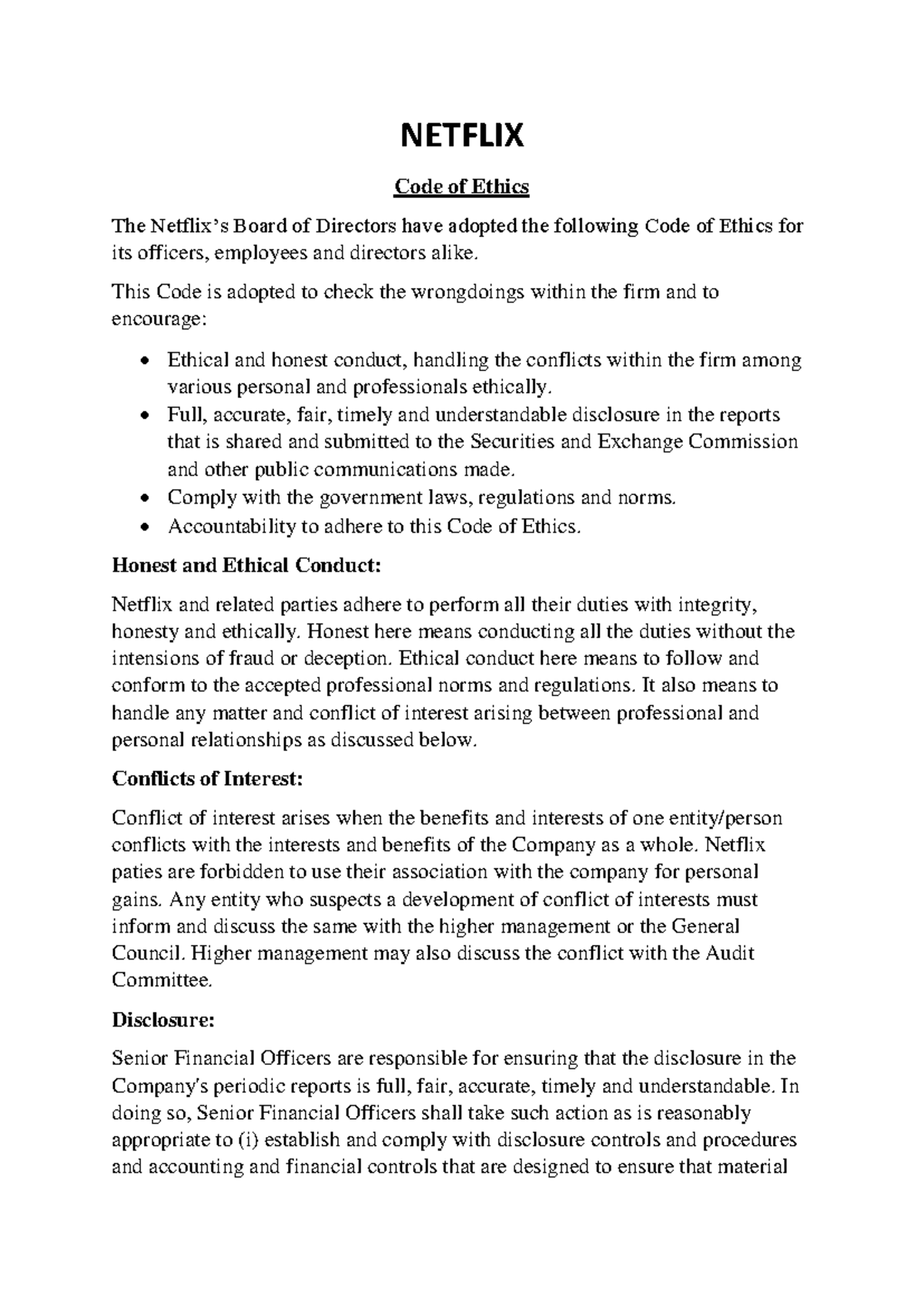 Netflix Code of Ethics: Principles for Integrity and Conduct - Studocu
