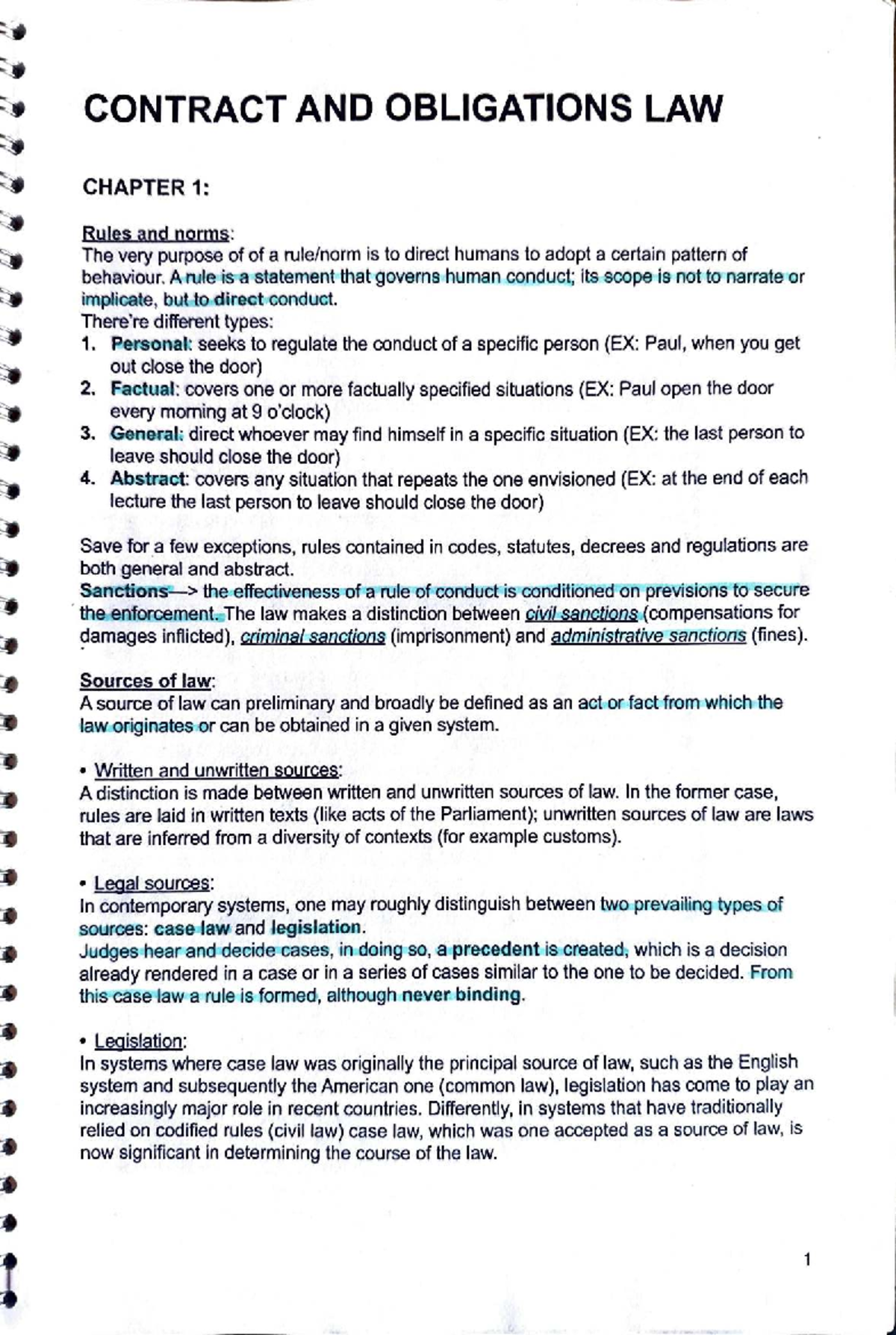 CONTRACT AND OBLIGATIONS LAW I CHAPTER 1: Rules and Norms Overview ...