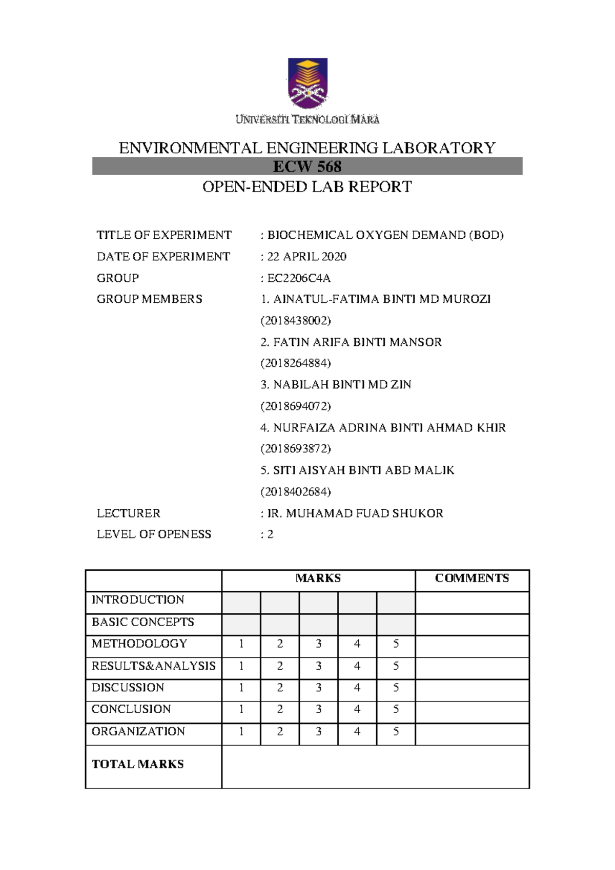BOD Lab Report (Level 2) - Warning: TT: undefined function: 32 ENVIRONMENTAL ENGINEERING ...