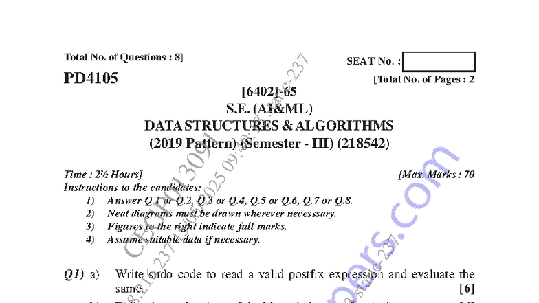 PD4105 Data Structures & Algorithms Previous Year QP (2019 Pattern ...