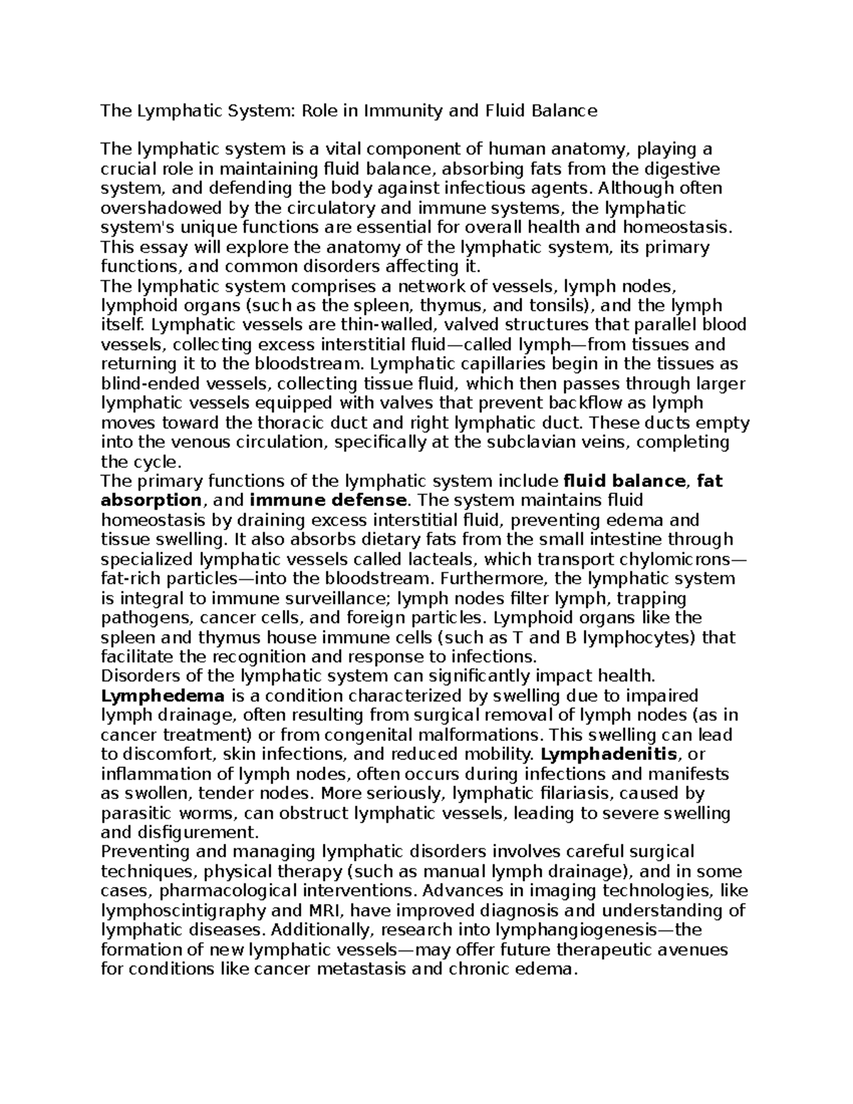 The Lymphatic System: Functions, Disorders, and Immunity Insights - Studocu