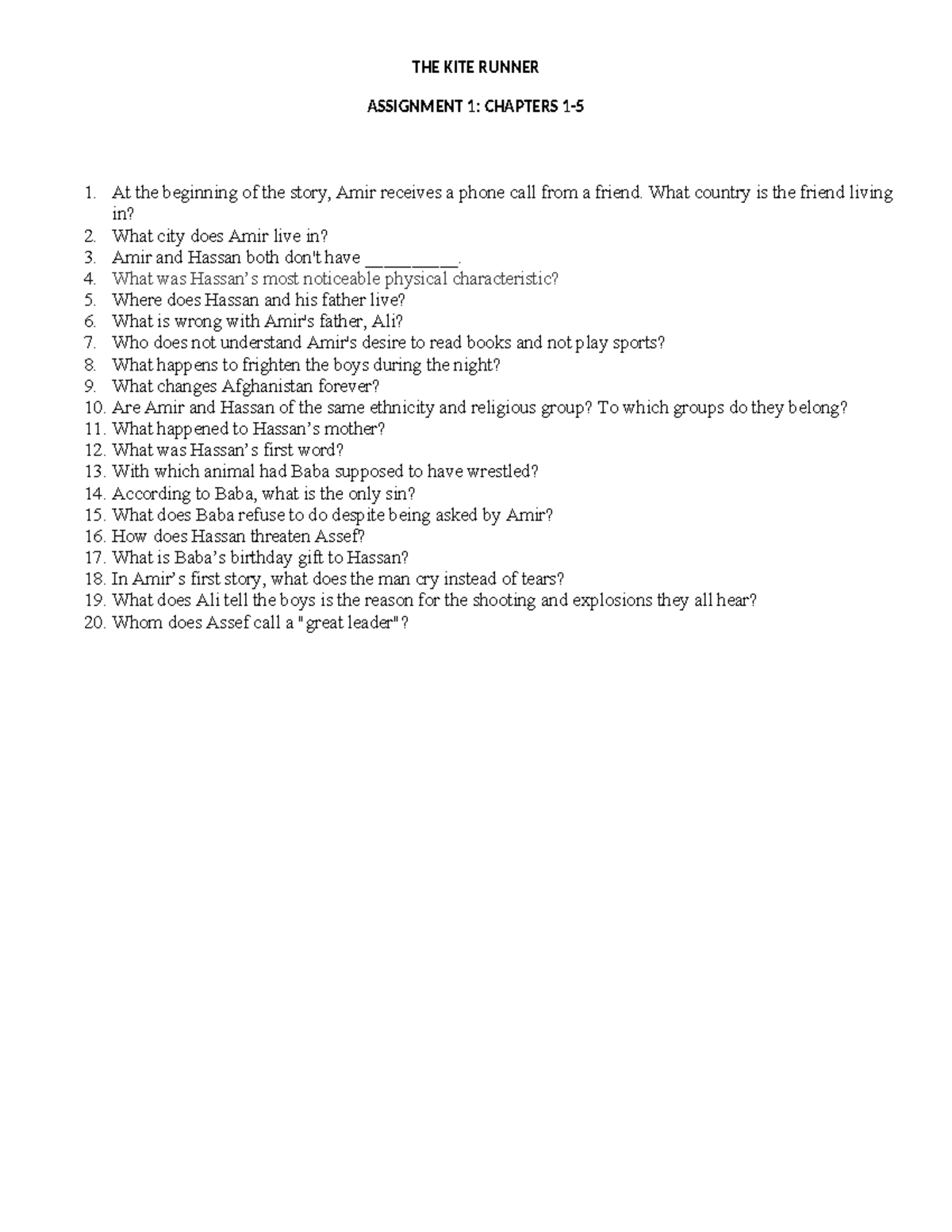 KR 101: Assignment 1 - Practice Questions for The Kite Runner - Studocu