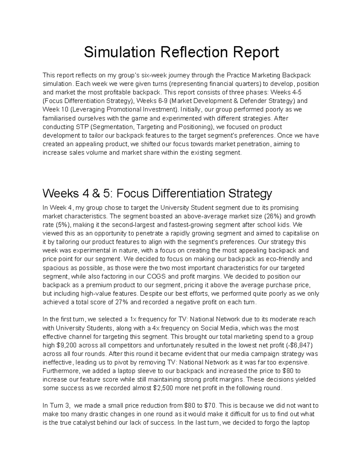 MKTG3016 Simulation Reflection Report: Strategies & Outcomes Analysis - Studocu
