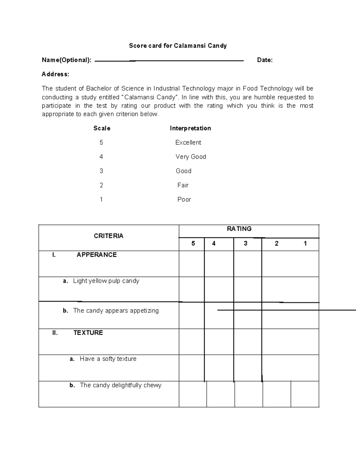BSIT-FoodTech: Score Card for Calamansi Candy Evaluation - Studocu