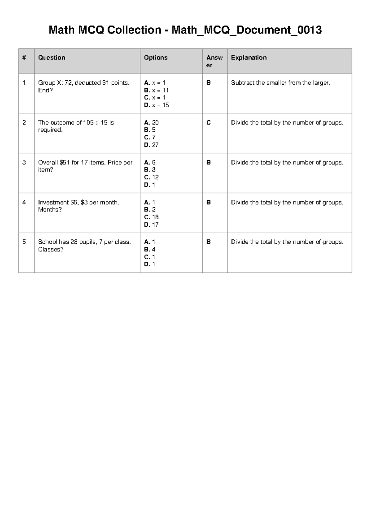 Math MCQ Collection for Course Code: Math_MCQ_Document_0013 - Studocu