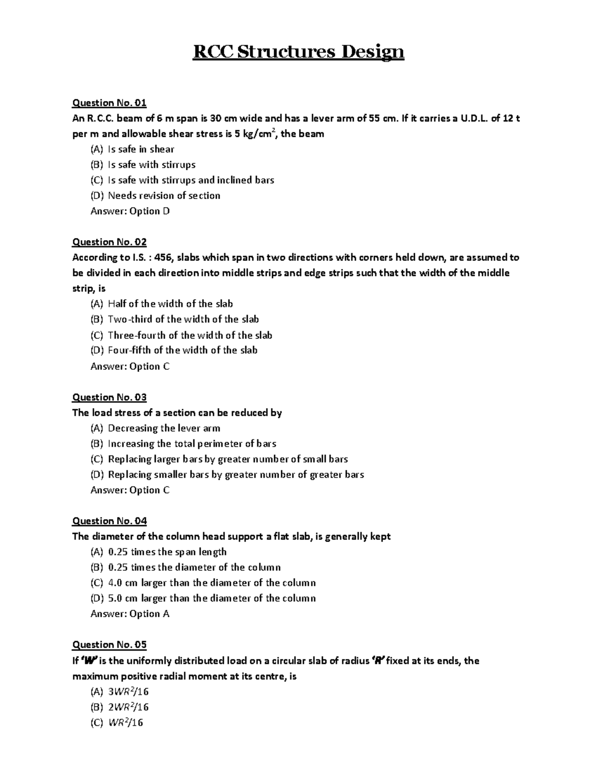 RCC Structures MCQs - Objective Questions & Answers for Exam - Studocu