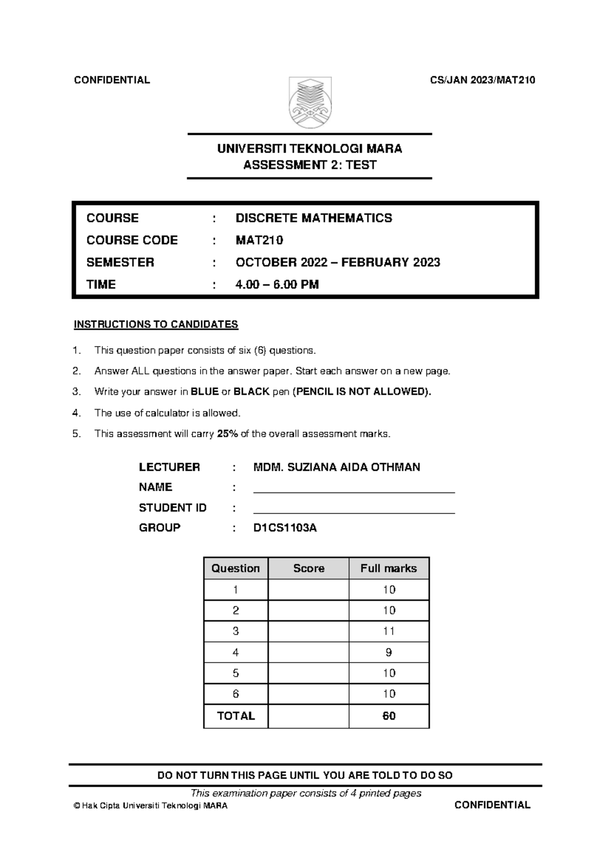 A2 Test MAT210: Discrete Mathematics Assessment January 2023 - Studocu