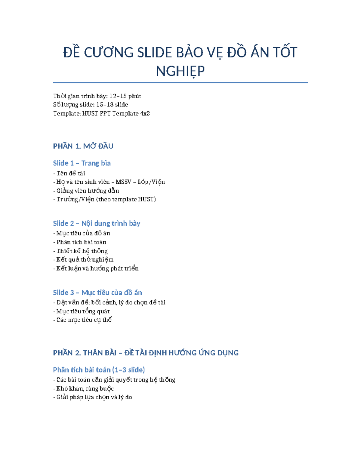 Đề Cương Slide Bảo Vệ Đồ Án Tốt Nghiệp - HUST 4x3 - Studocu