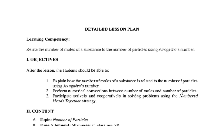 DETAILED LESSON PLAN: Moles and Particles Relation (Science 9) - Studocu