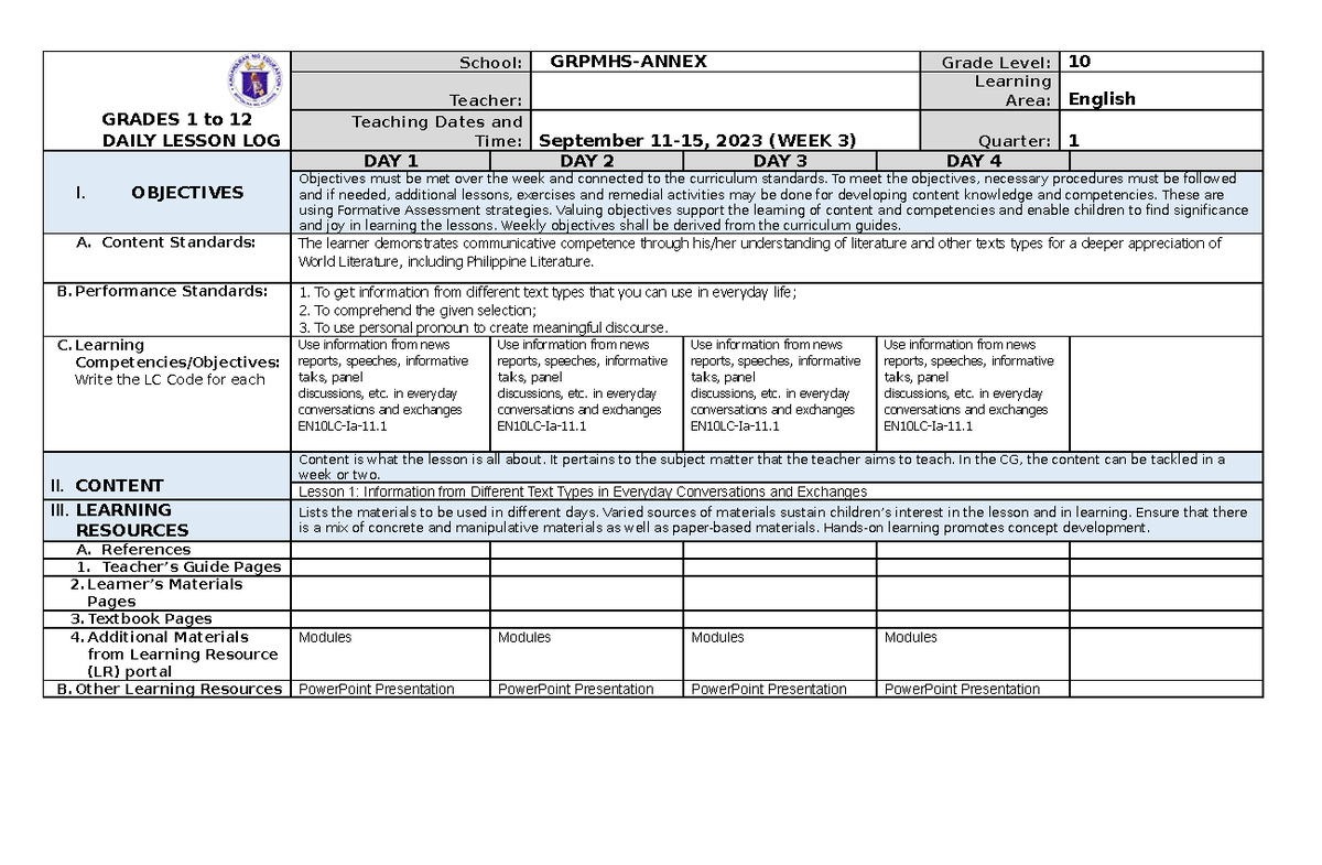 Grade 10 English Daily Lesson Log (DLL) - Week 3 (Sept 11-15, 2023 ...