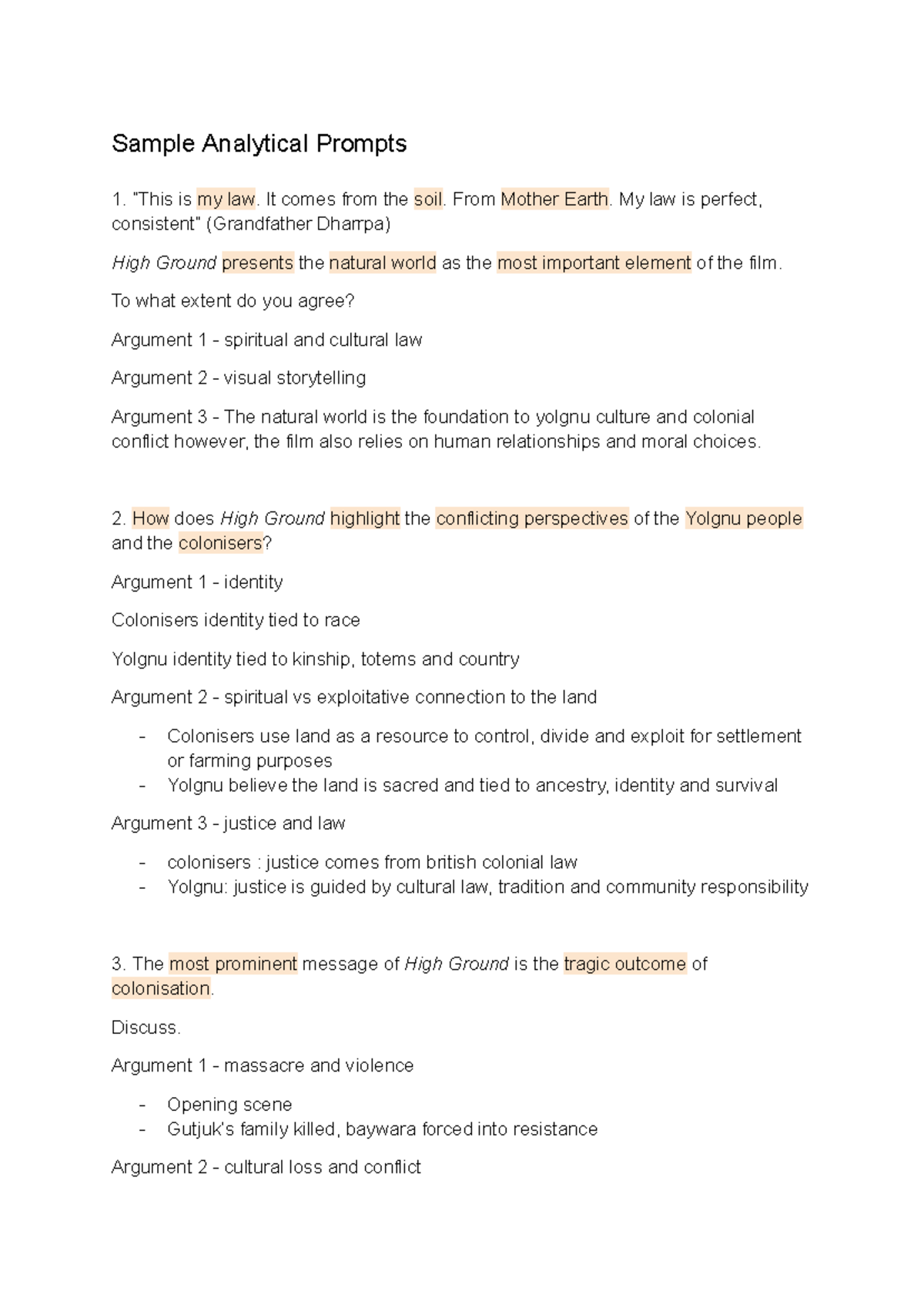 High Ground - Sample Analytical Prompts for Film Analysis - Studocu