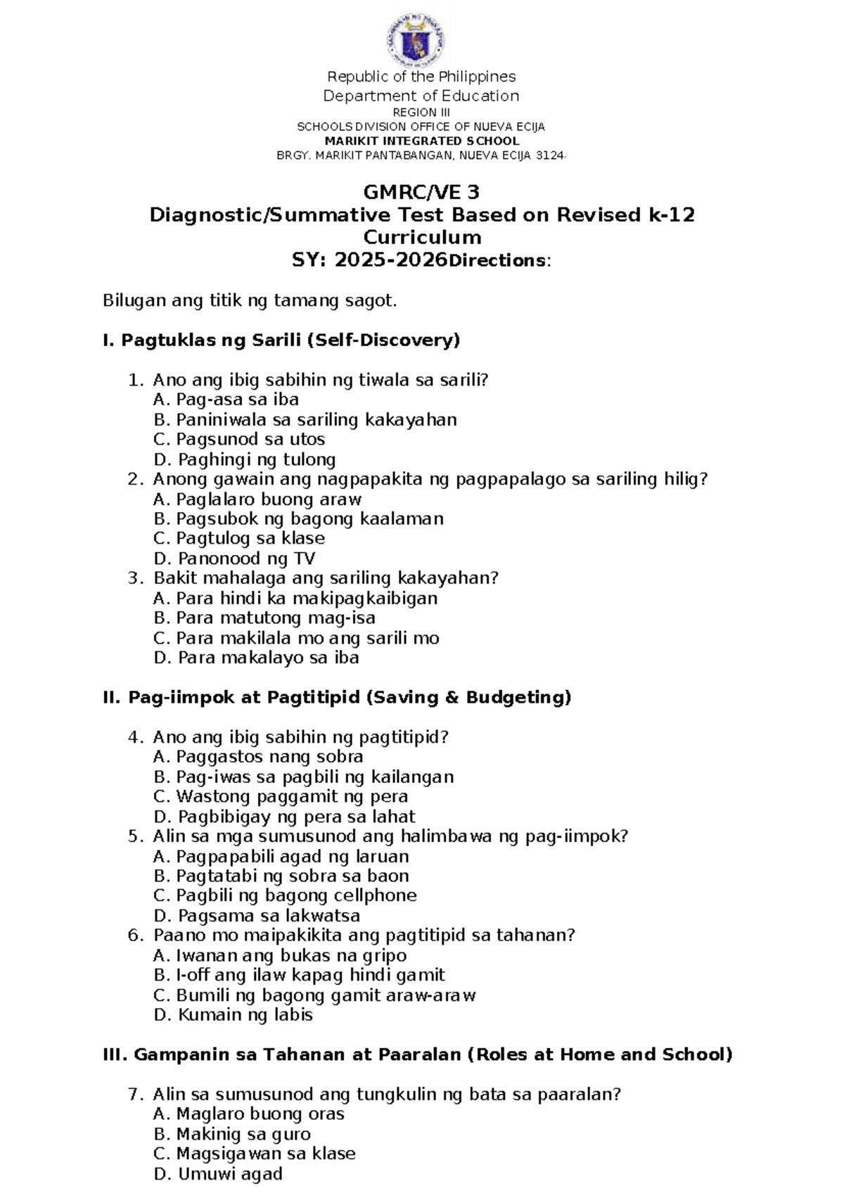 Grade 3 GMRC Diagnostic Test: Revised K-12 Curriculum - Studocu