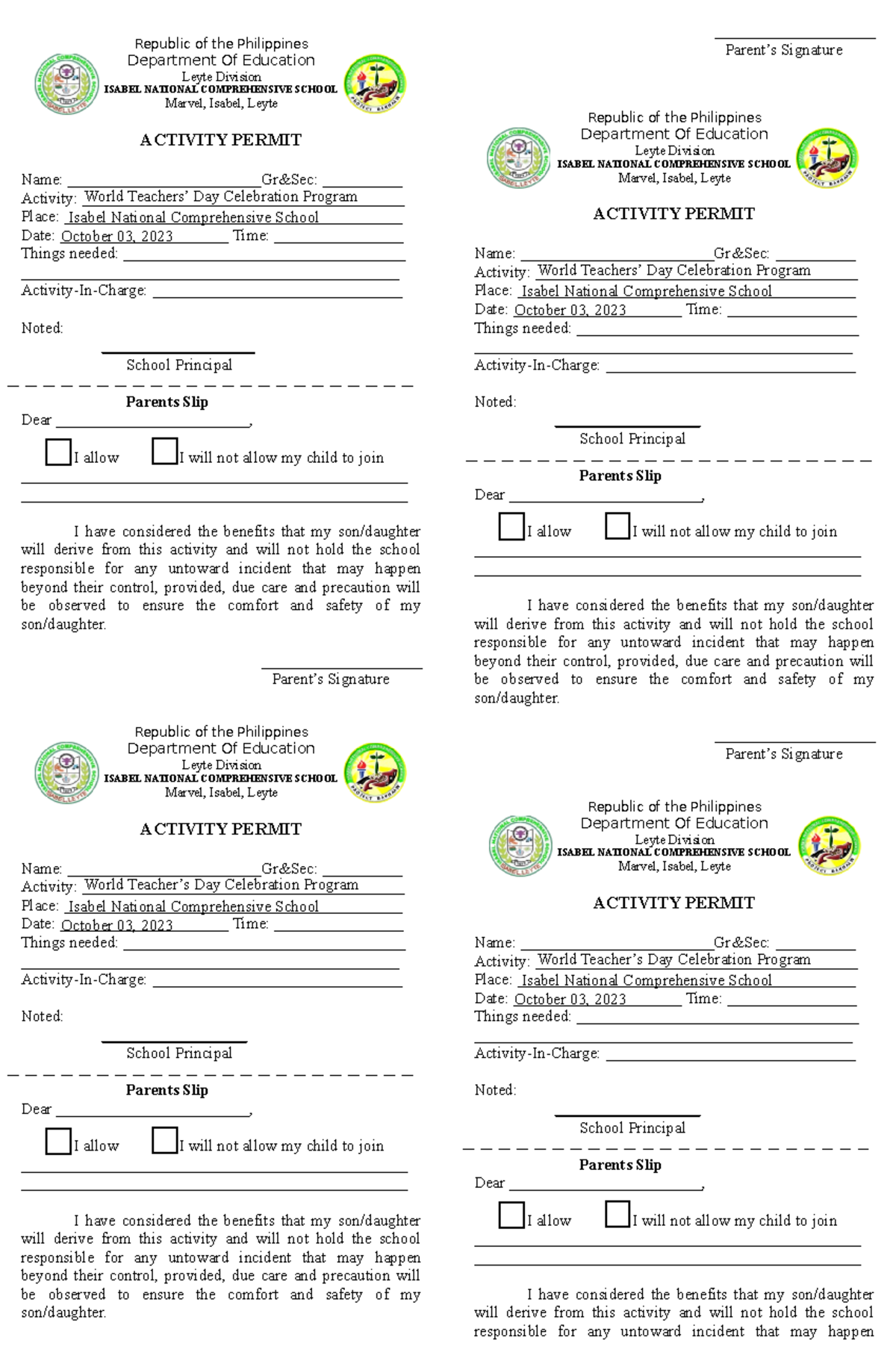 Parents' Consent Form for School Activities - Final Version - Studocu