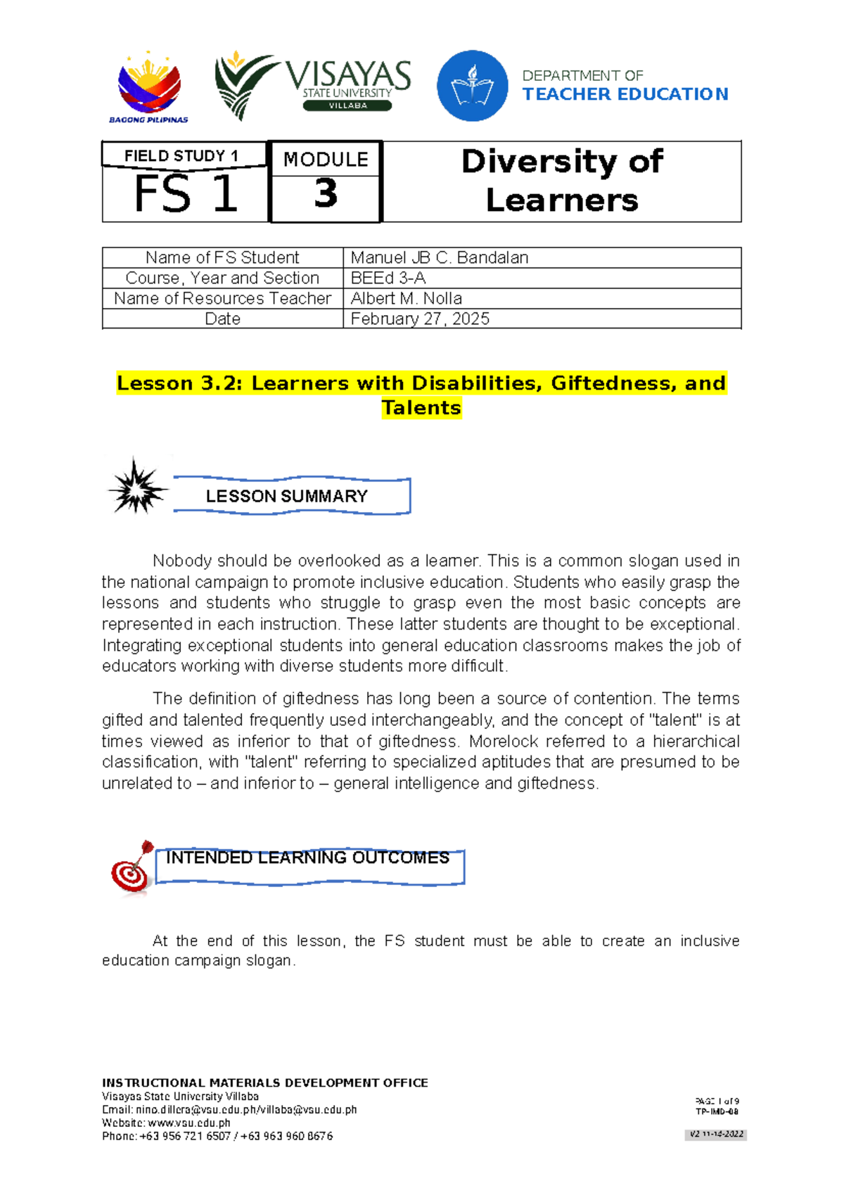 Field Study 1 (FS 1) Module 3: Diversity of Learners & Inclusion - Studocu