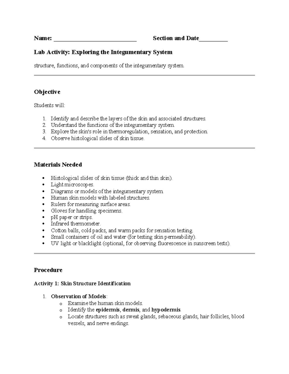 Integumentary System Lab (BIO 101) - Hands-on Activities & Experiments ...