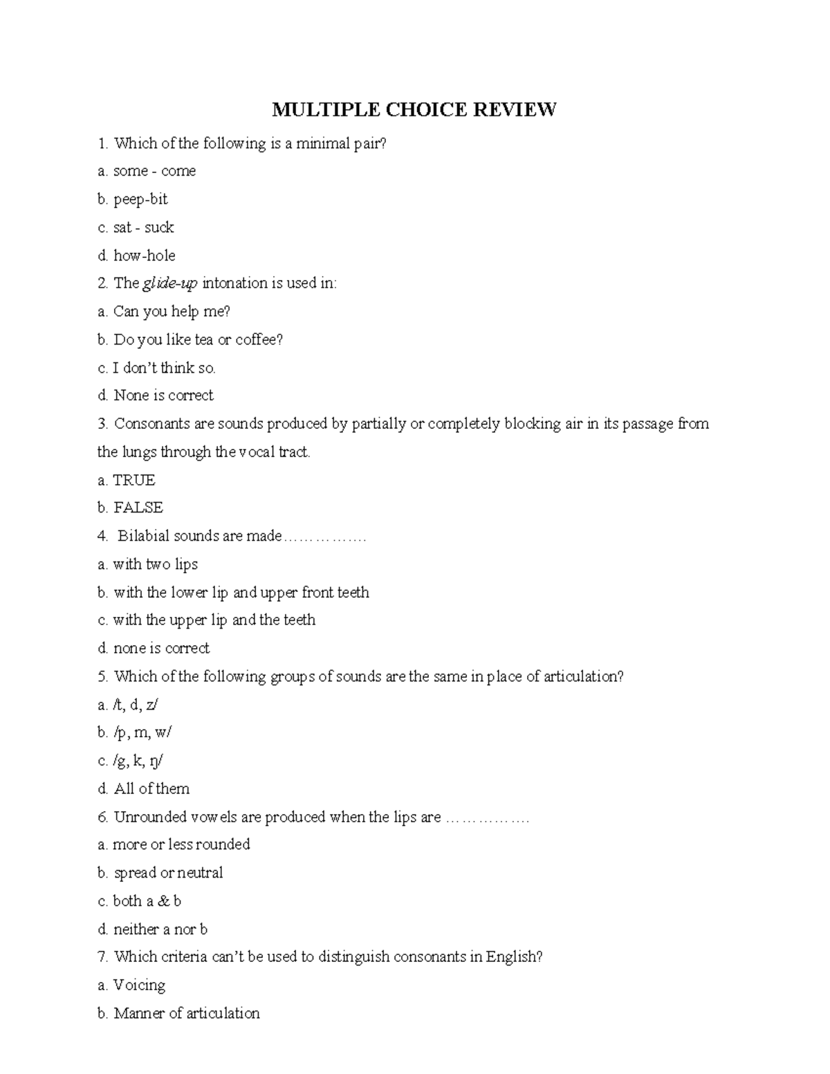 MULTIPLE CHOICE REVIEW: PHONETICS & PHONOLOGY QUESTIONS - Studocu